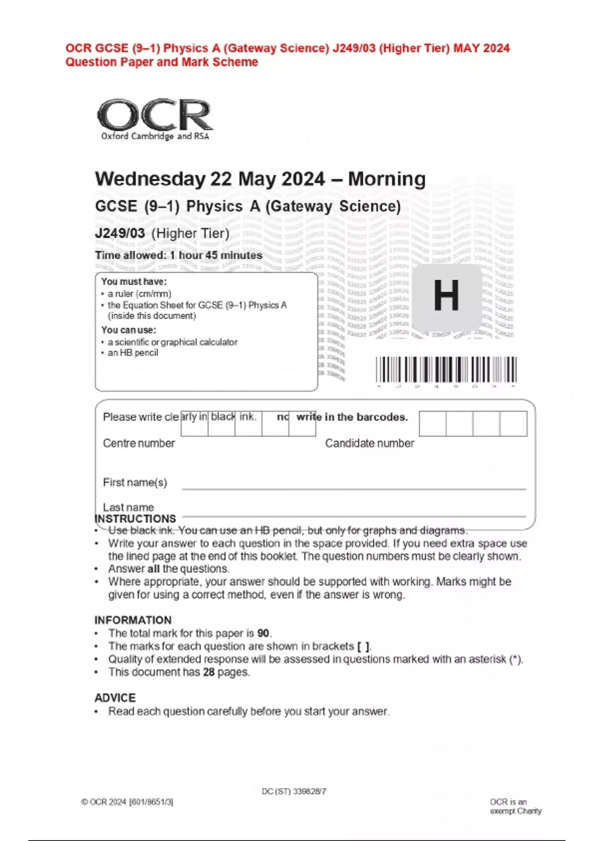 OCR GCSE (9–1) Physics A (Gateway Science) J249/03 (Higher Tier) MAY 2024 Question Paper and ...