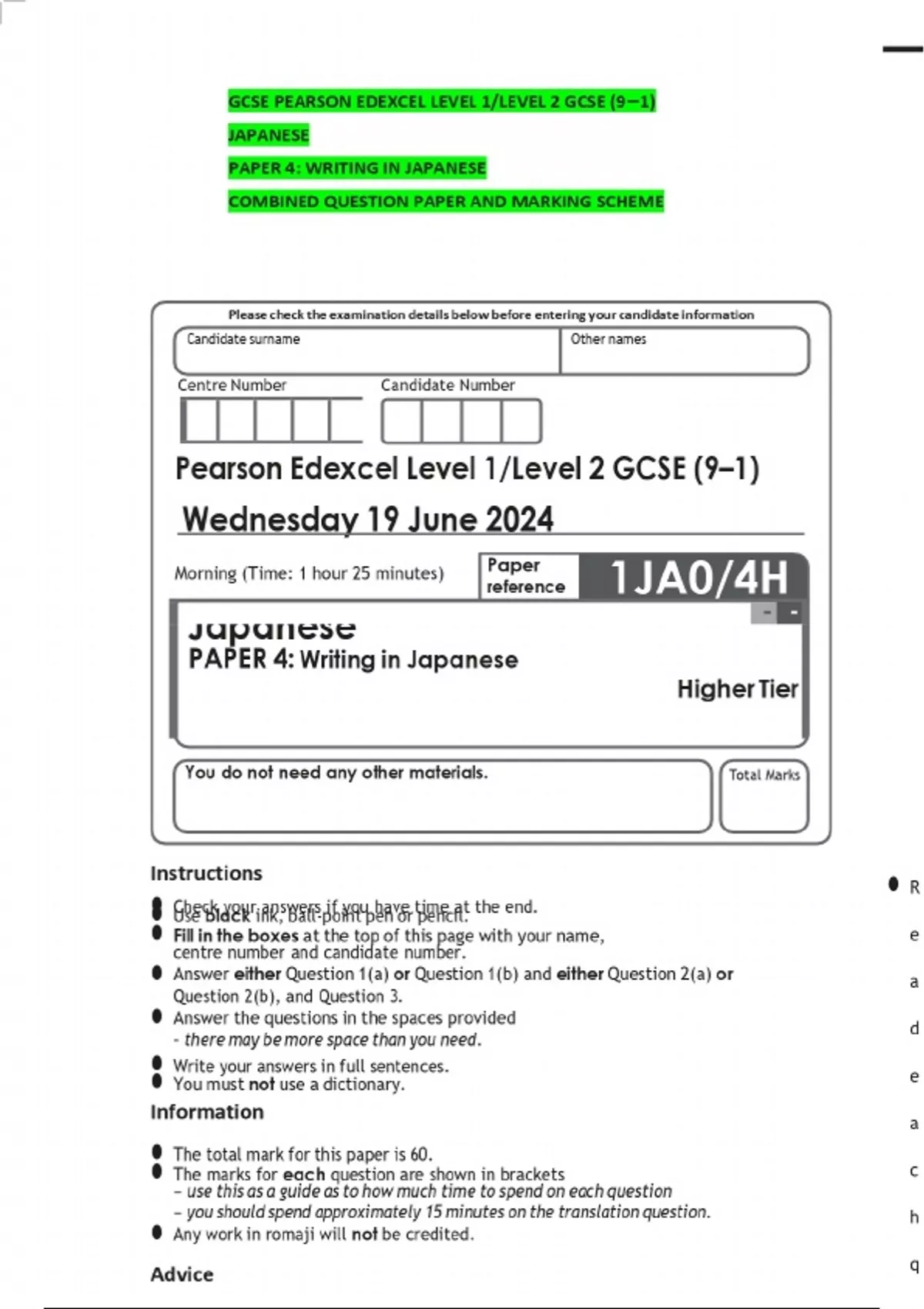 GCSE PEARSON EDEXCEL LEVEL 1/LEVEL 2 GCSE (9–1) JAPANESE PAPER 4 ...