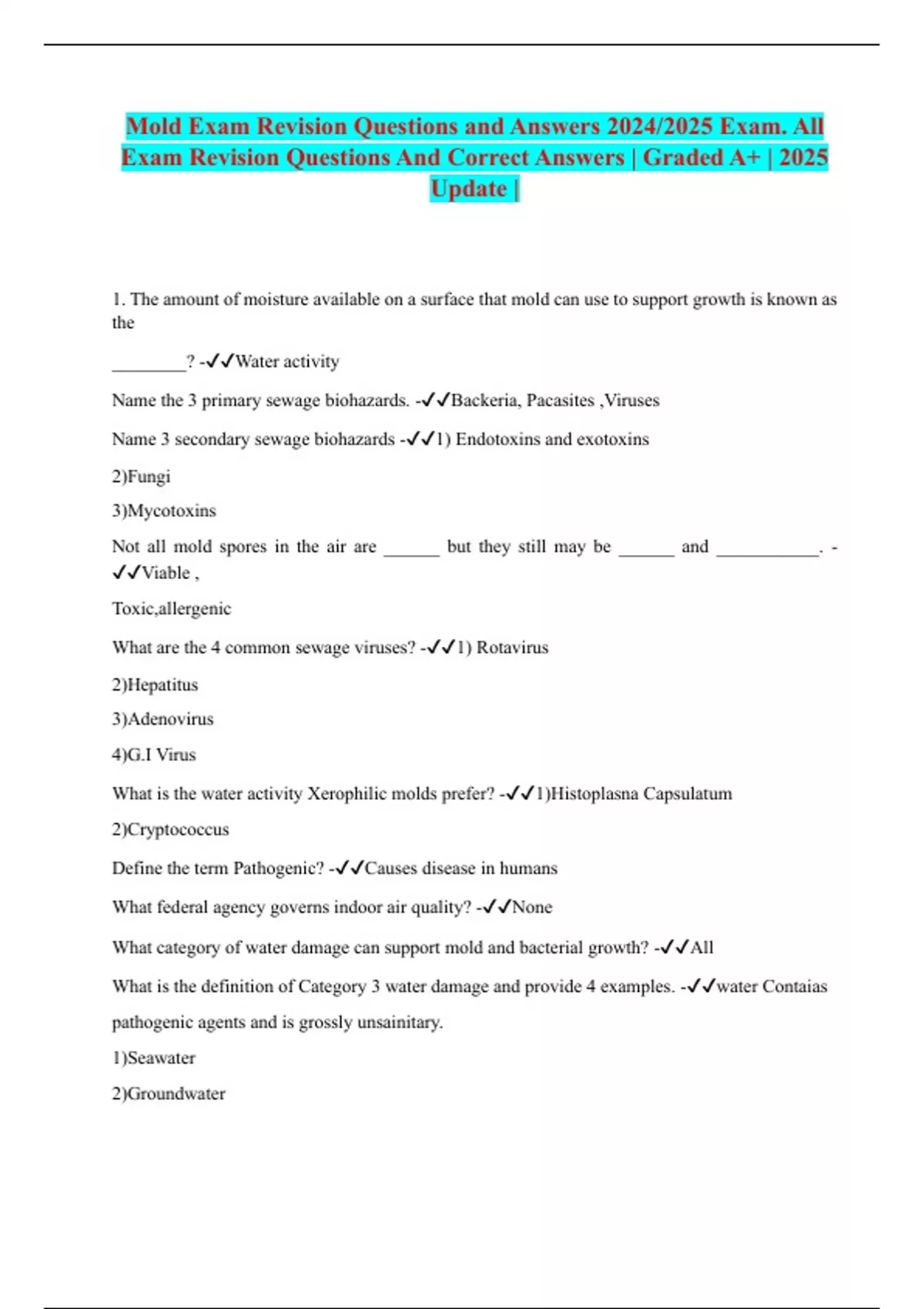 Mold Exam Revision Questions and Answers 2024/2025 Exam. All Exam ...