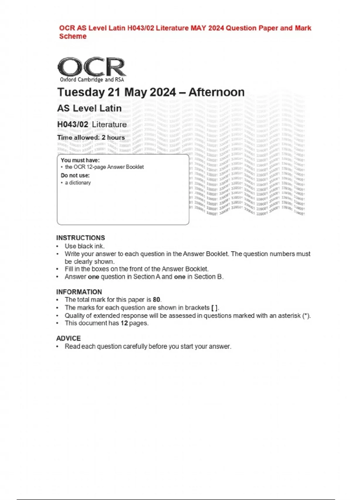 OCR AS Level Latin H043/02 Literature MAY 2024 Question Paper and Mark Scheme - OCR - Stuvia US