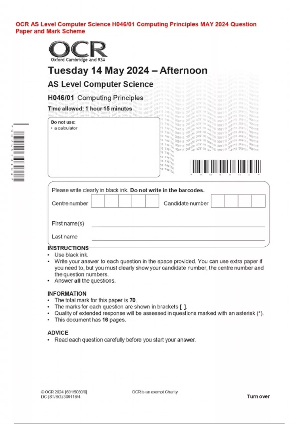 OCR AS Level Computer Science 2024 Question Paper and Mark scheme - Stuvia US
