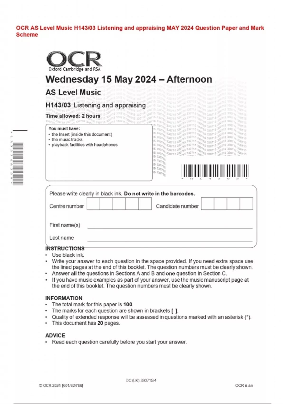 OCR AS Level Music H143/03 Listening and appraising MAY 2024 Question ...