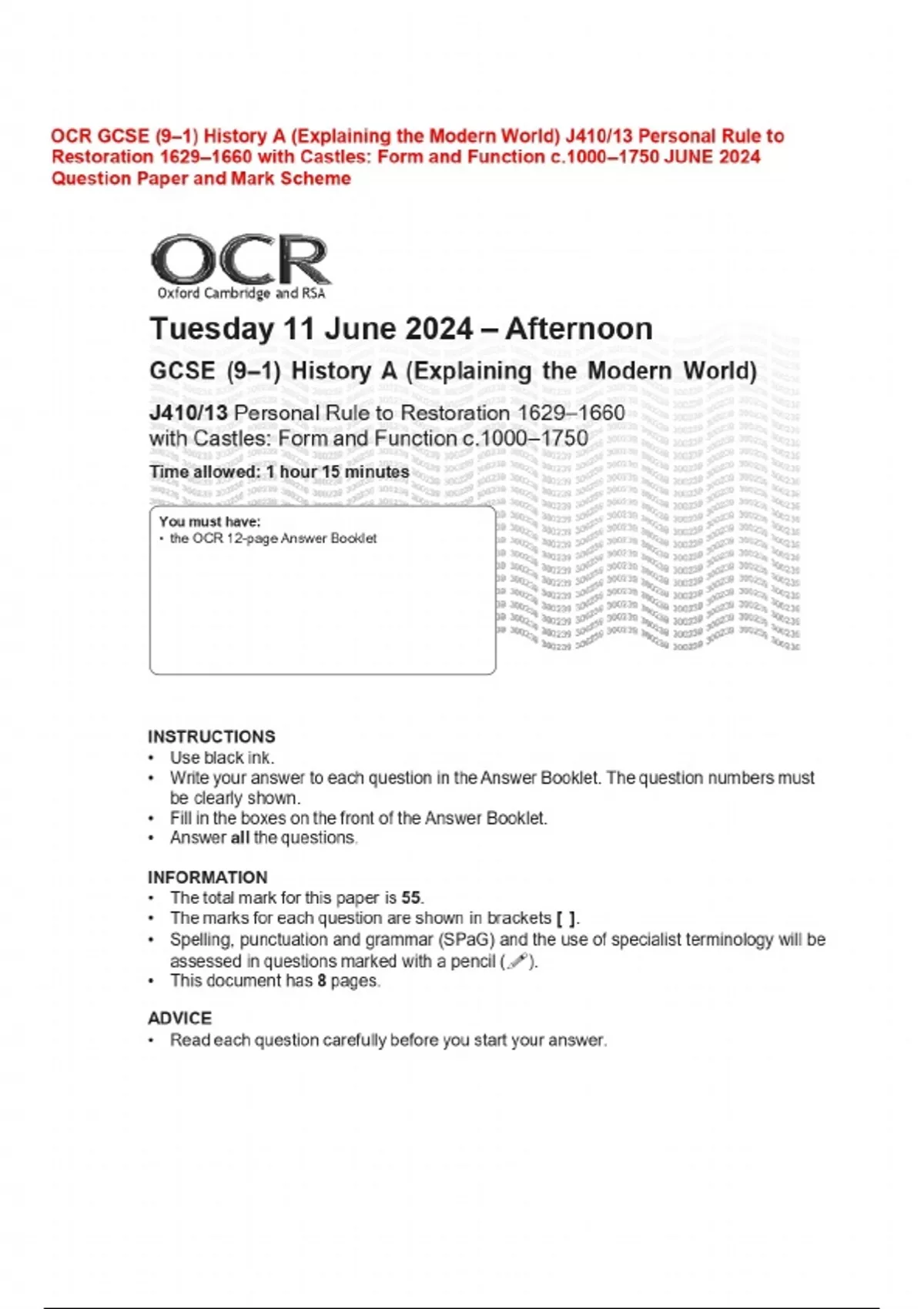 OCR GCSE (9–1) History A (Explaining the Modern World) J410/13 Personal Rule to Restoration 1629 ...