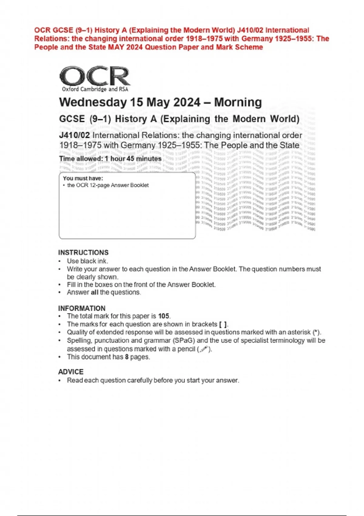 OCR GCSE (9–1) History A (Explaining the Modern World) J410/02 International Relations: the ...