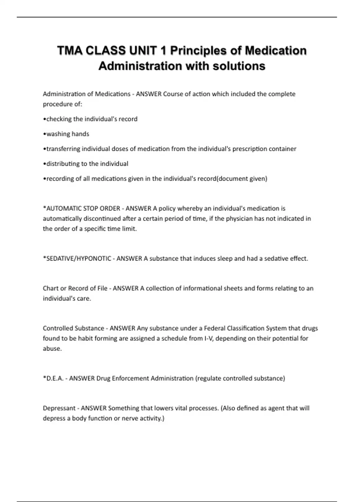 TMA CLASS UNIT 1 Principles of Medication Administration with solutions ...