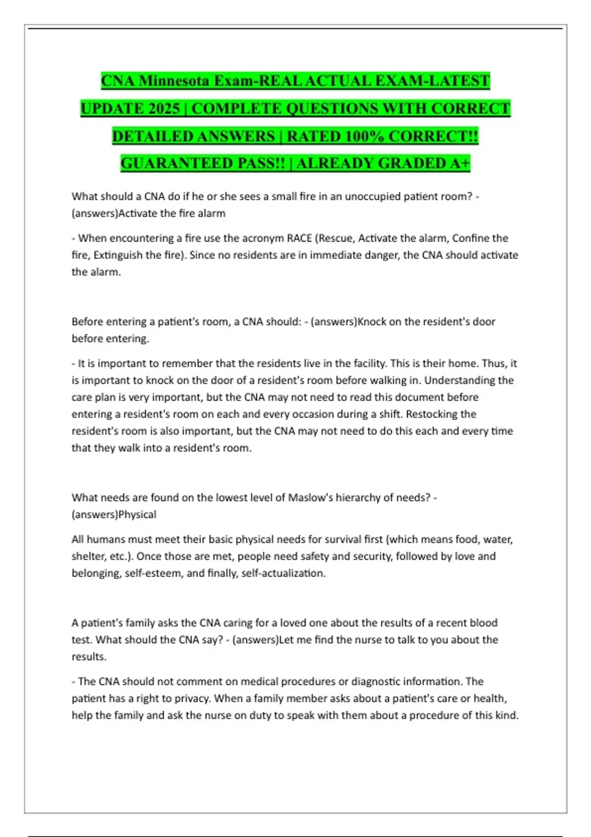 CNA Minnesota Exam-REAL ACTUAL EXAM-LATEST UPDATE 2025 | COMPLETE ...