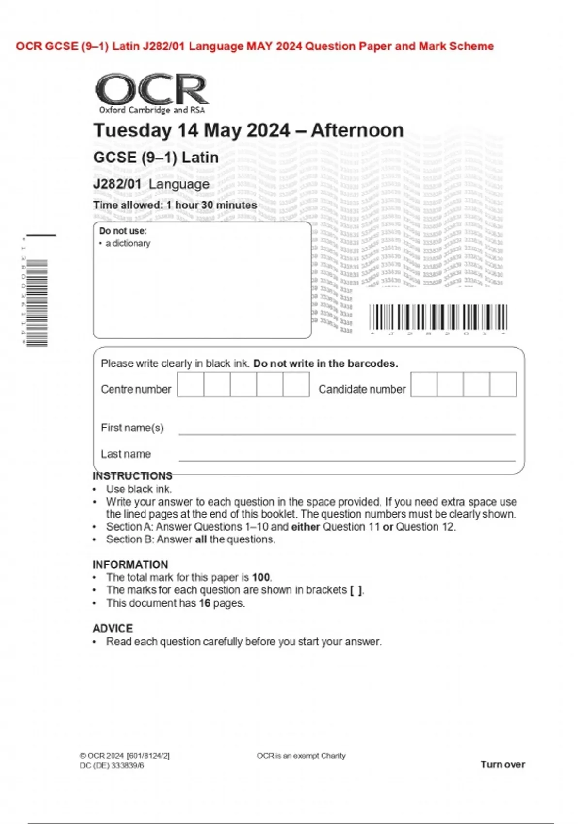 OCR GCSE (9–1) Latin J282/01 Language MAY 2024 Question Paper and Mark ...