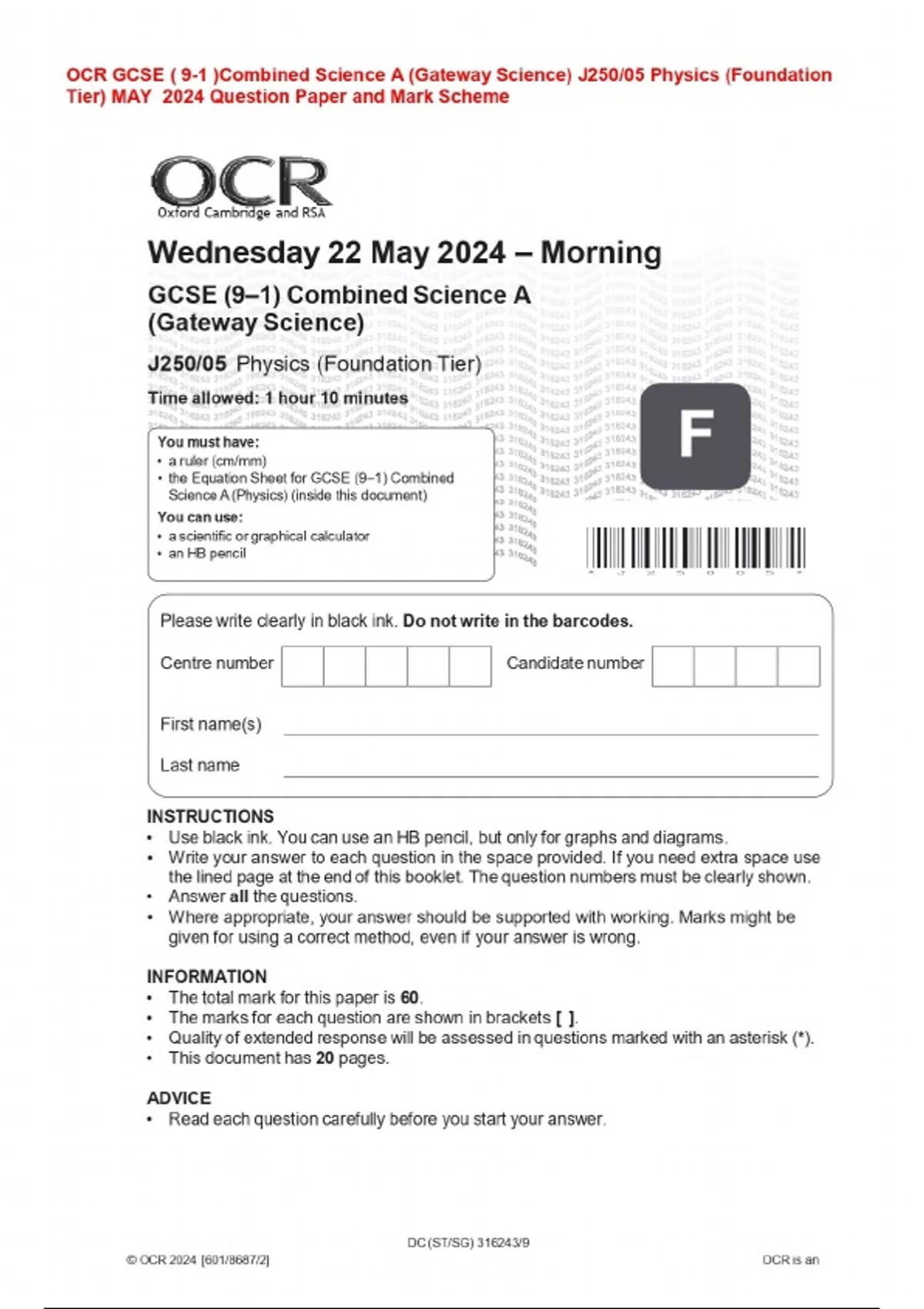 OCR GCSE ( 9-1 )Combined Science A (Gateway Science) J250/05 Physics ...