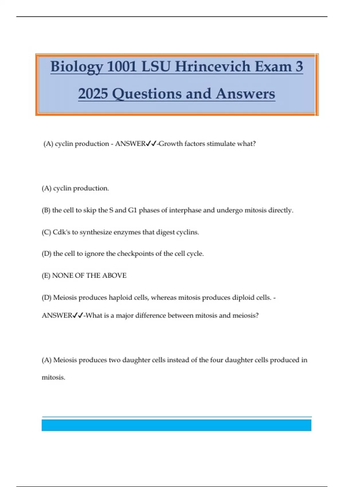 Biology 1001 LSU Hrincevich Exam 3 2025 Questions and Answers - Biology 1001 - Stuvia US