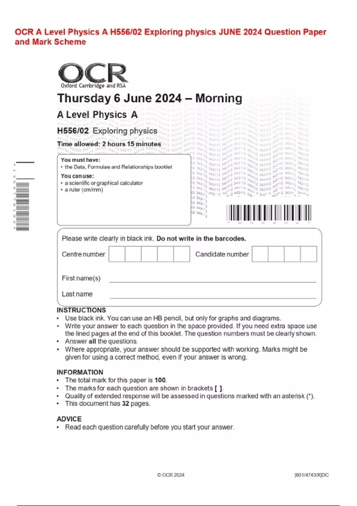 Ocr A Level Physics A H55602 Exploring Physics June 2024 Question 8475
