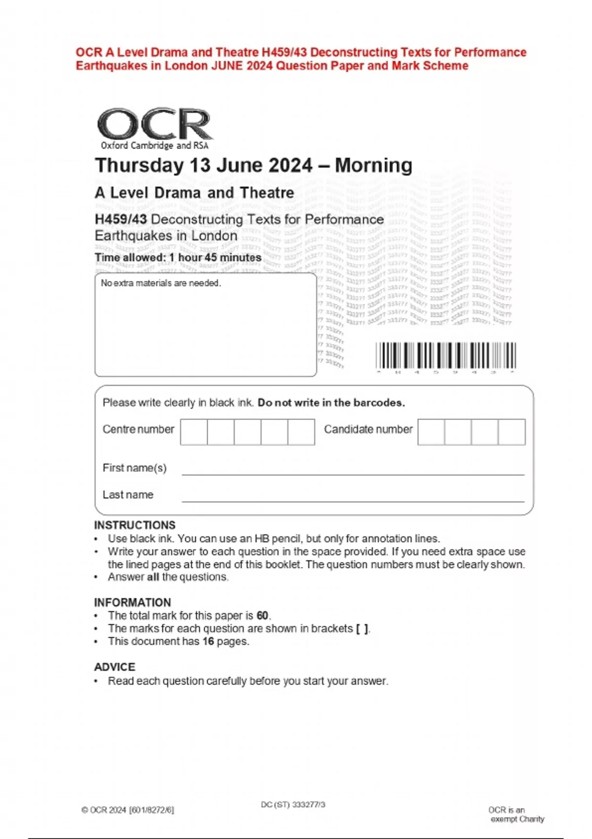 OCR A Level Drama and Theatre H459/43 Deconstructing Texts for ...