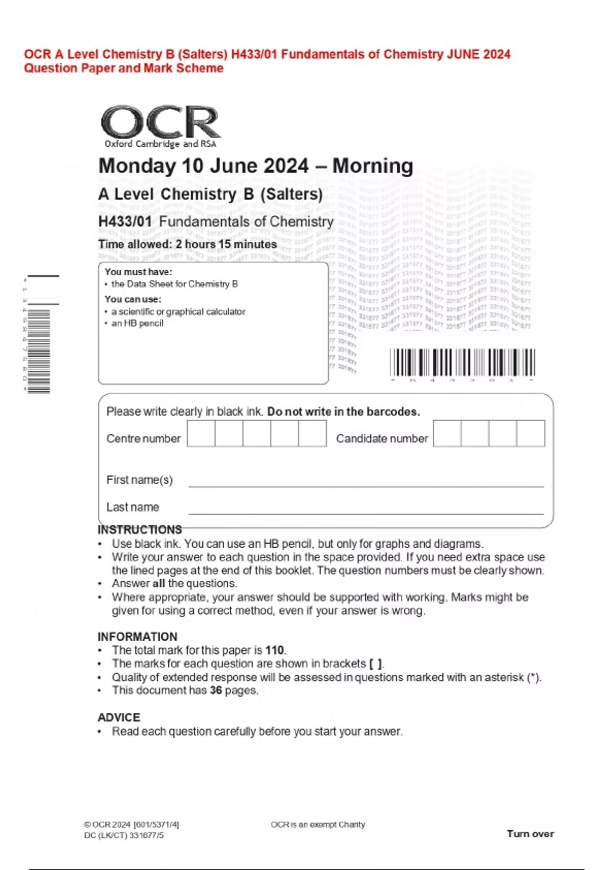 OCR A Level Chemistry B (Salters) H433/01 Fundamentals of Chemistry ...