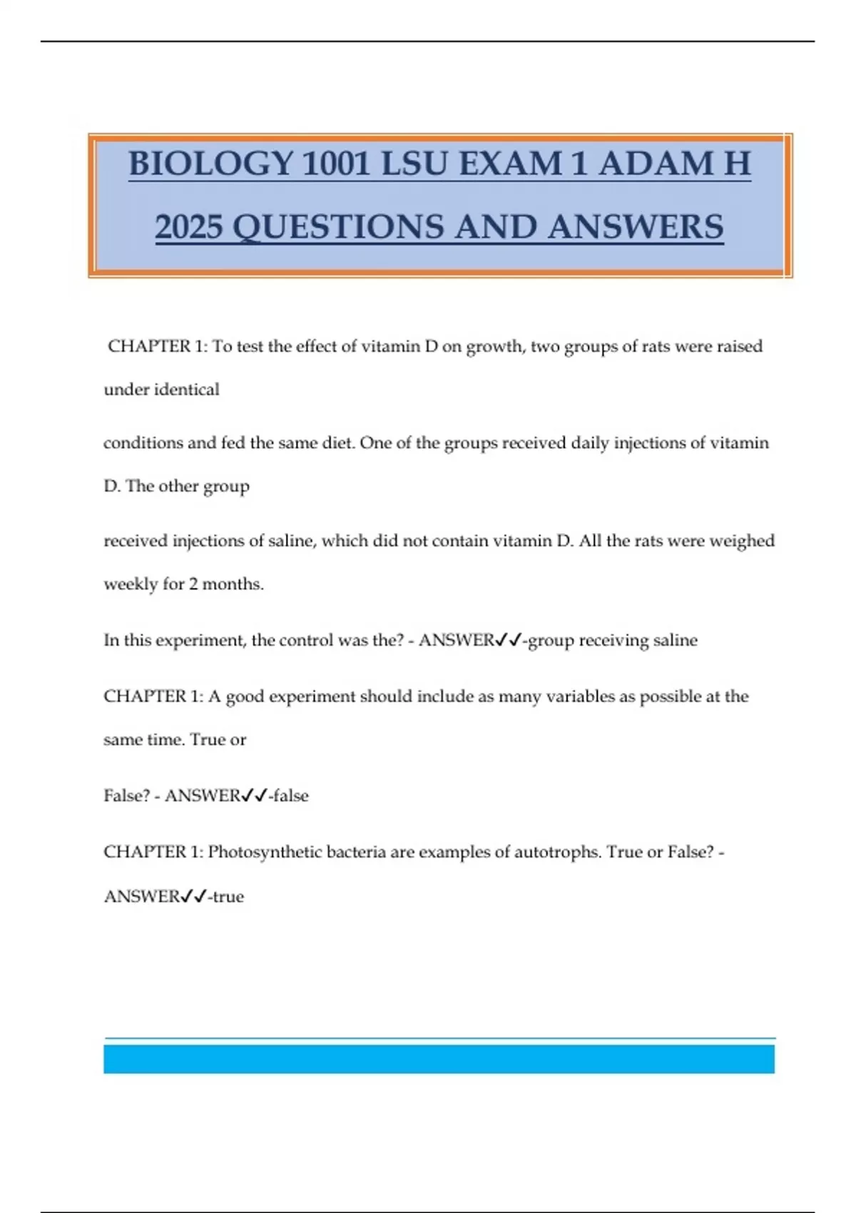 BIOLOGY 1001 LSU EXAM 1 ADAM H 2025 QUESTIONS AND ANSWERS - Biology ...