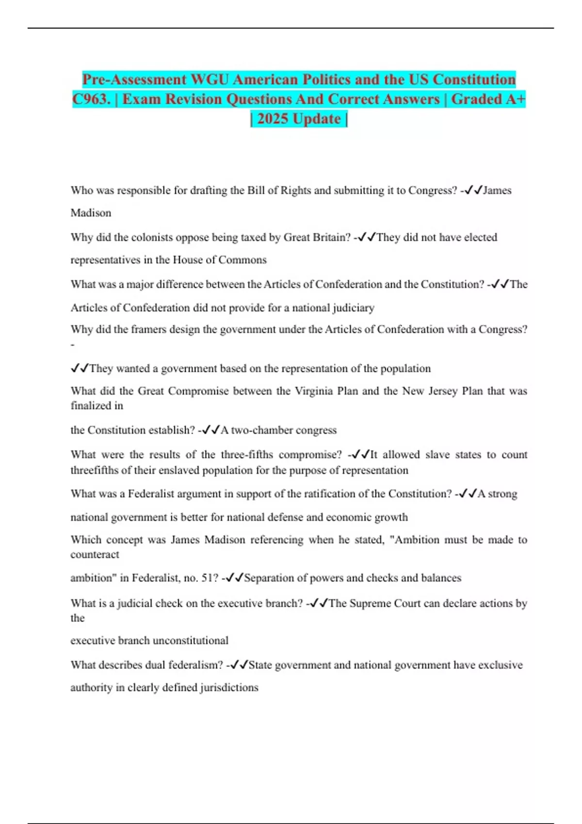 Pre-Assessment WGU American Politics and the US Constitution C963 ...