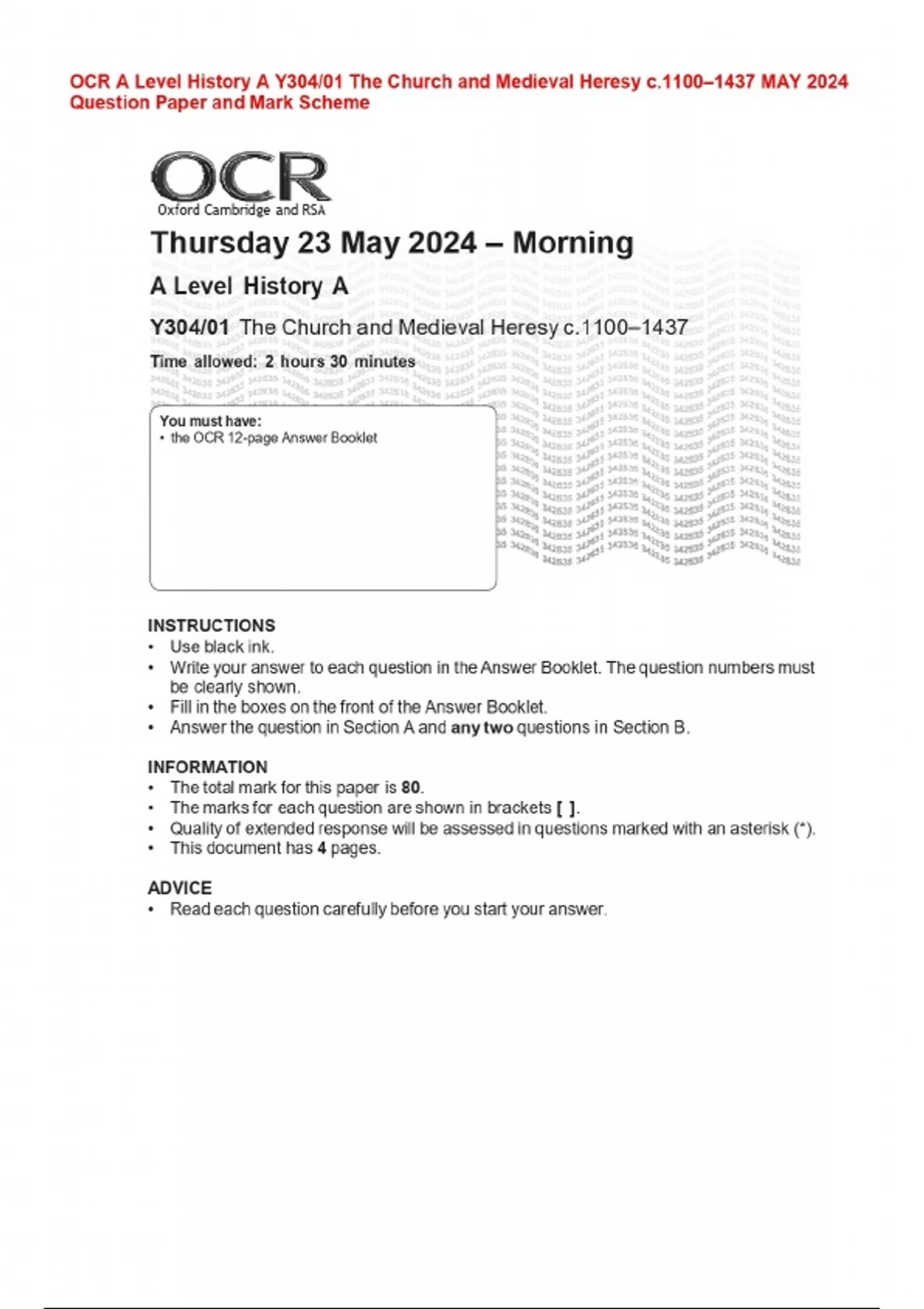 OCR A Level History A Y304/01 The Church and Medieval Heresy c.1100 ...