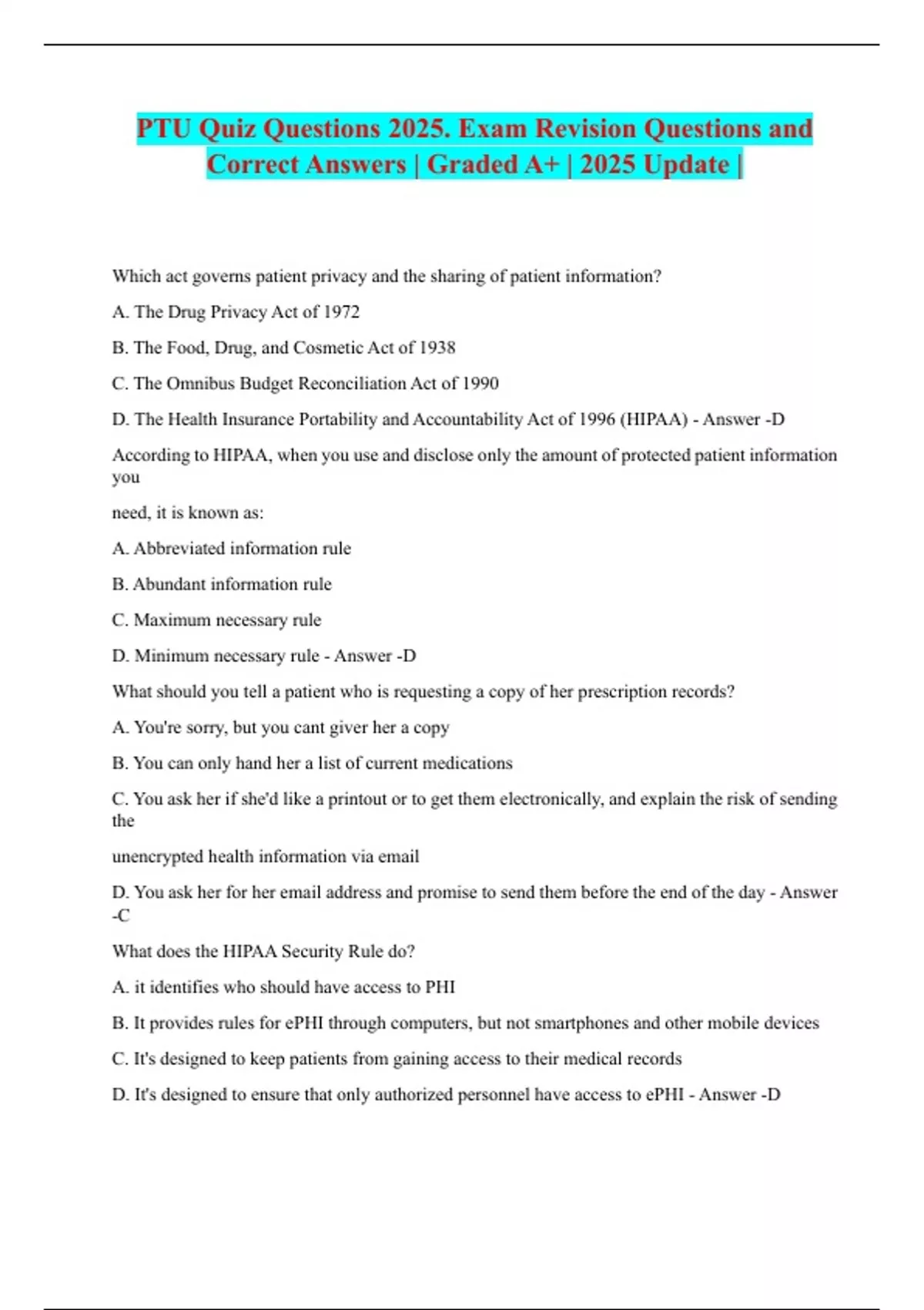 PTU Quiz Questions 2025. Exam Revision Questions and Correct Answers | Graded A+ | 2025 Update ...
