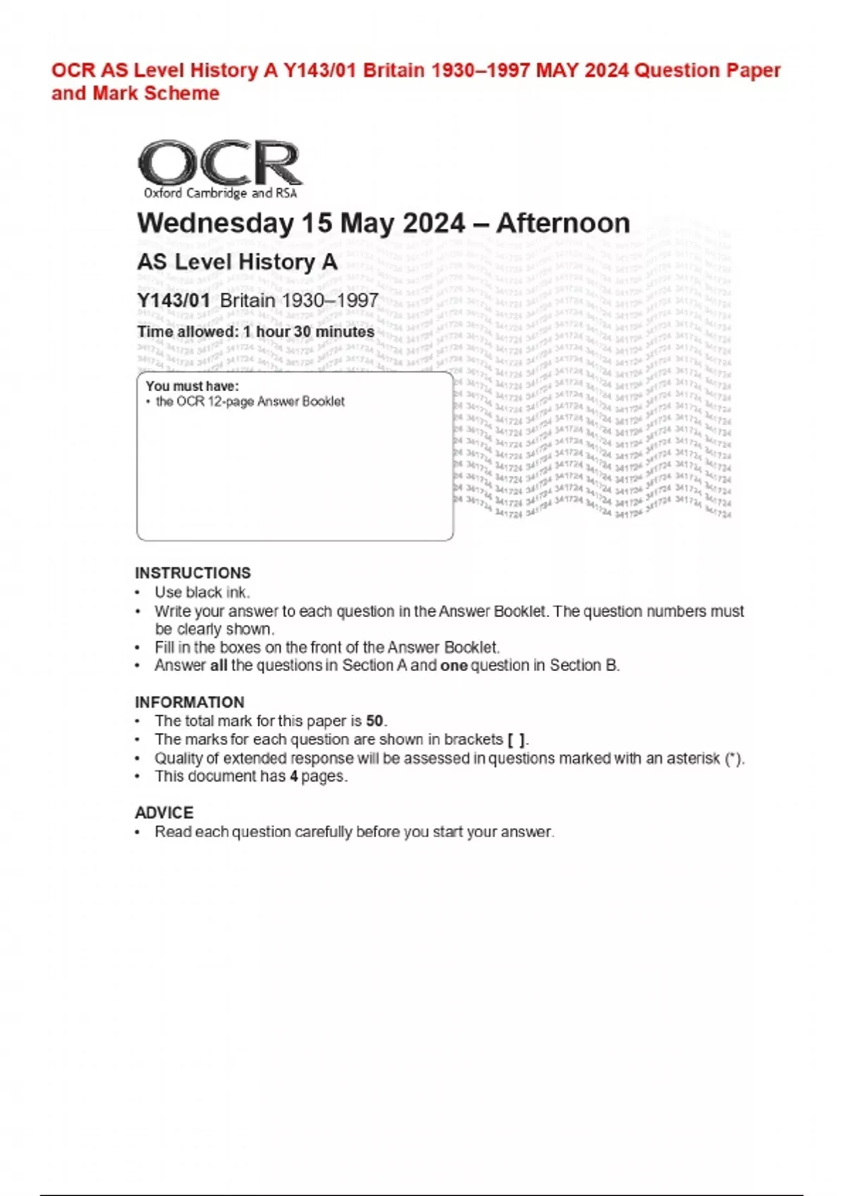 OCR AS Level History A Y143/01 Britain 1930–1997 MAY 2024 Question Paper and Mark Scheme - OCR ...