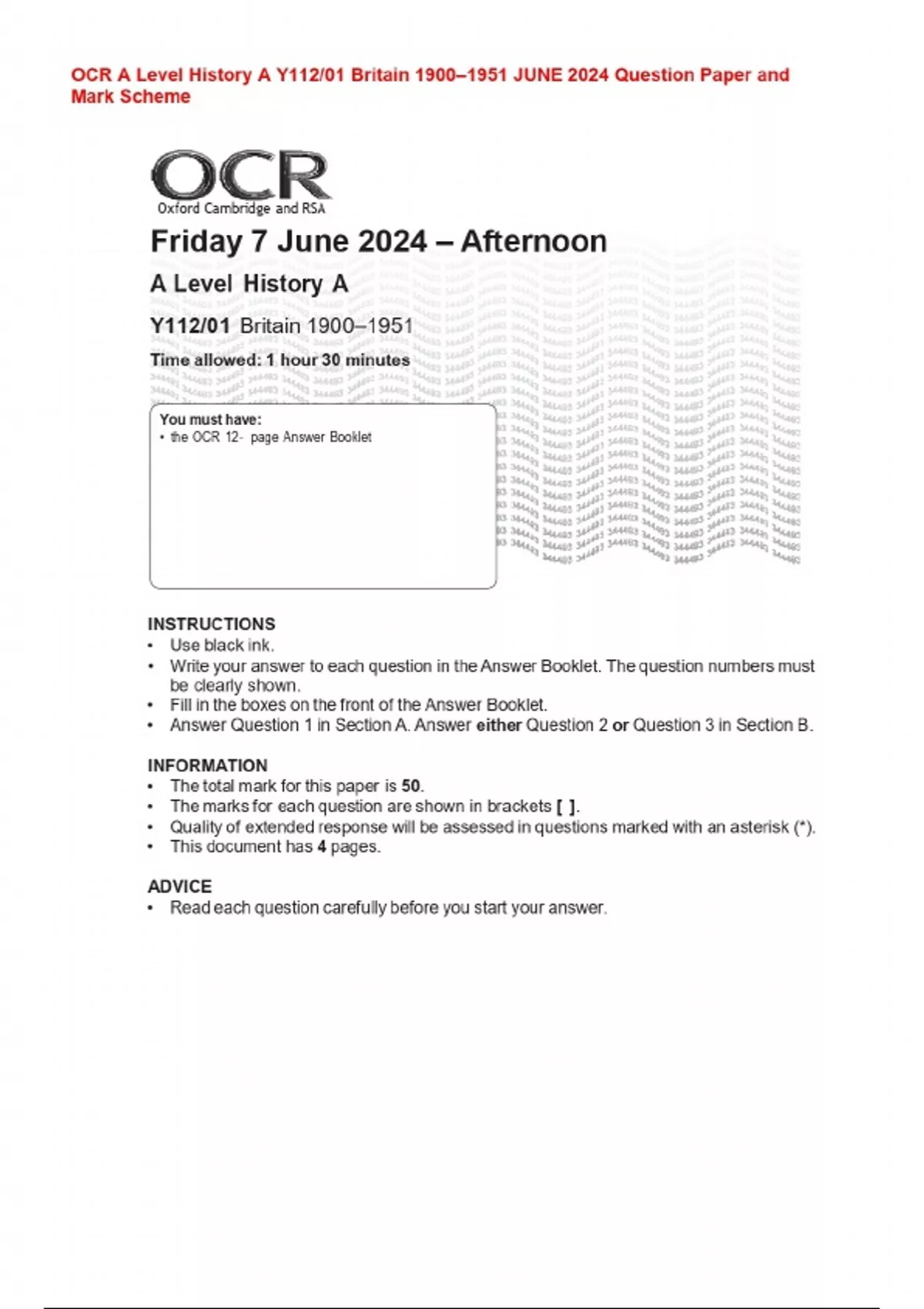 OCR A Level History A Y112/01 Britain 1900–1951 JUNE 2024 Question Paper and Mark Scheme - OCR ...