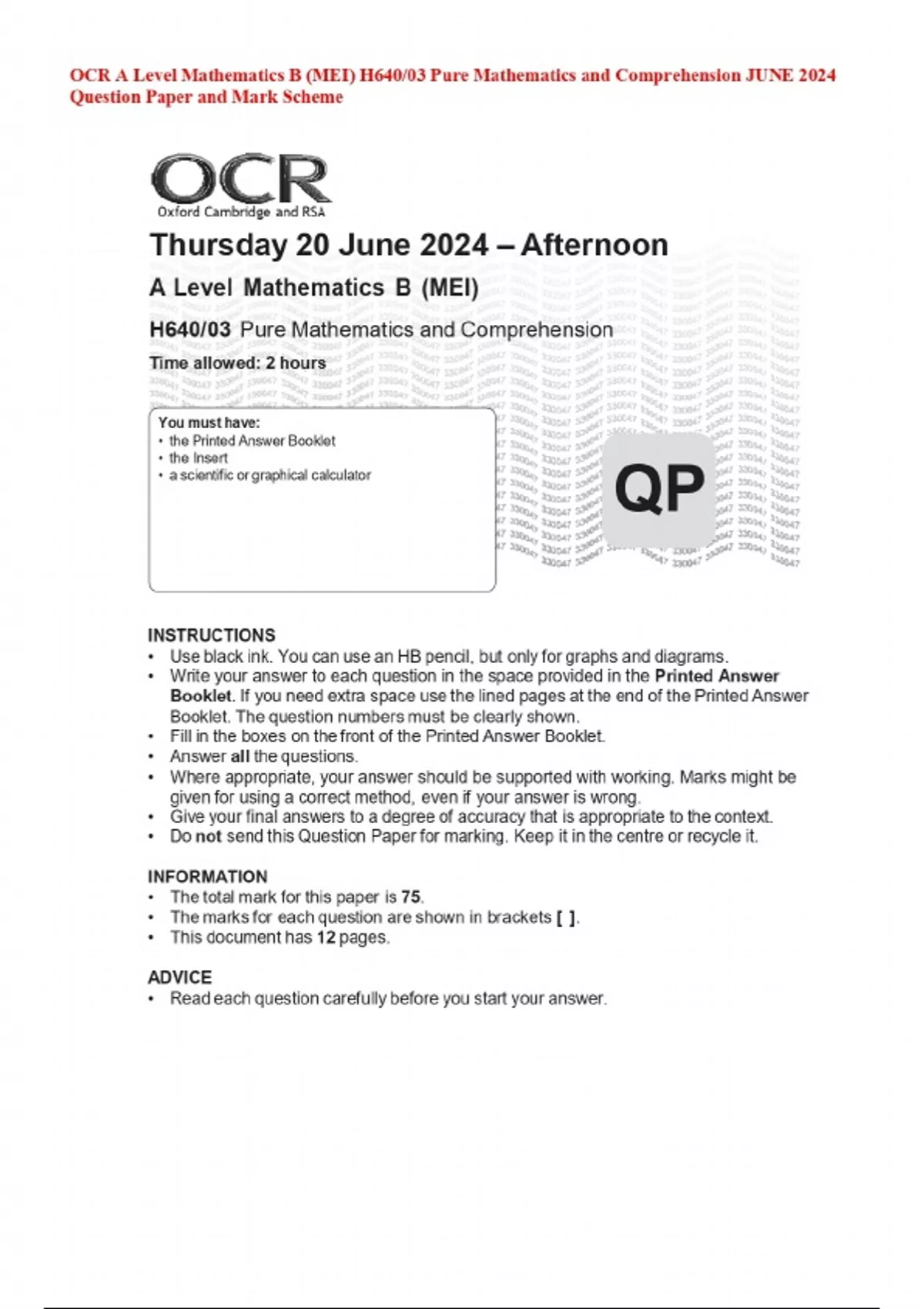 OCR A Level Mathematics B (MEI) H640/03 Pure Mathematics and ...