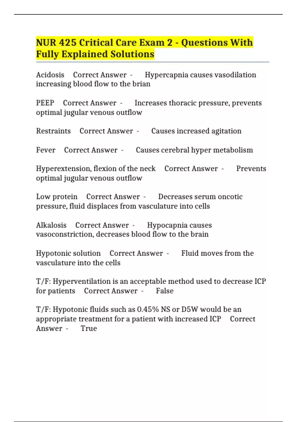 NUR 425 Critical Care Exam 2 - Questions With Fully Explained Solutions ...