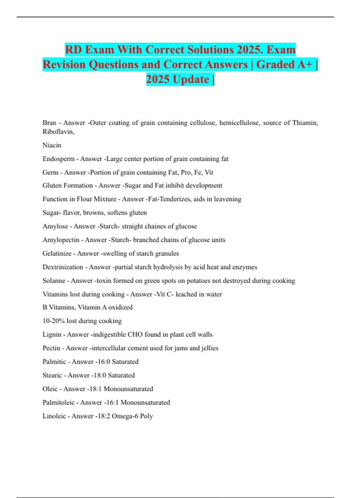 RD Exam With Correct Solutions 2025. Exam Revision Questions and ...