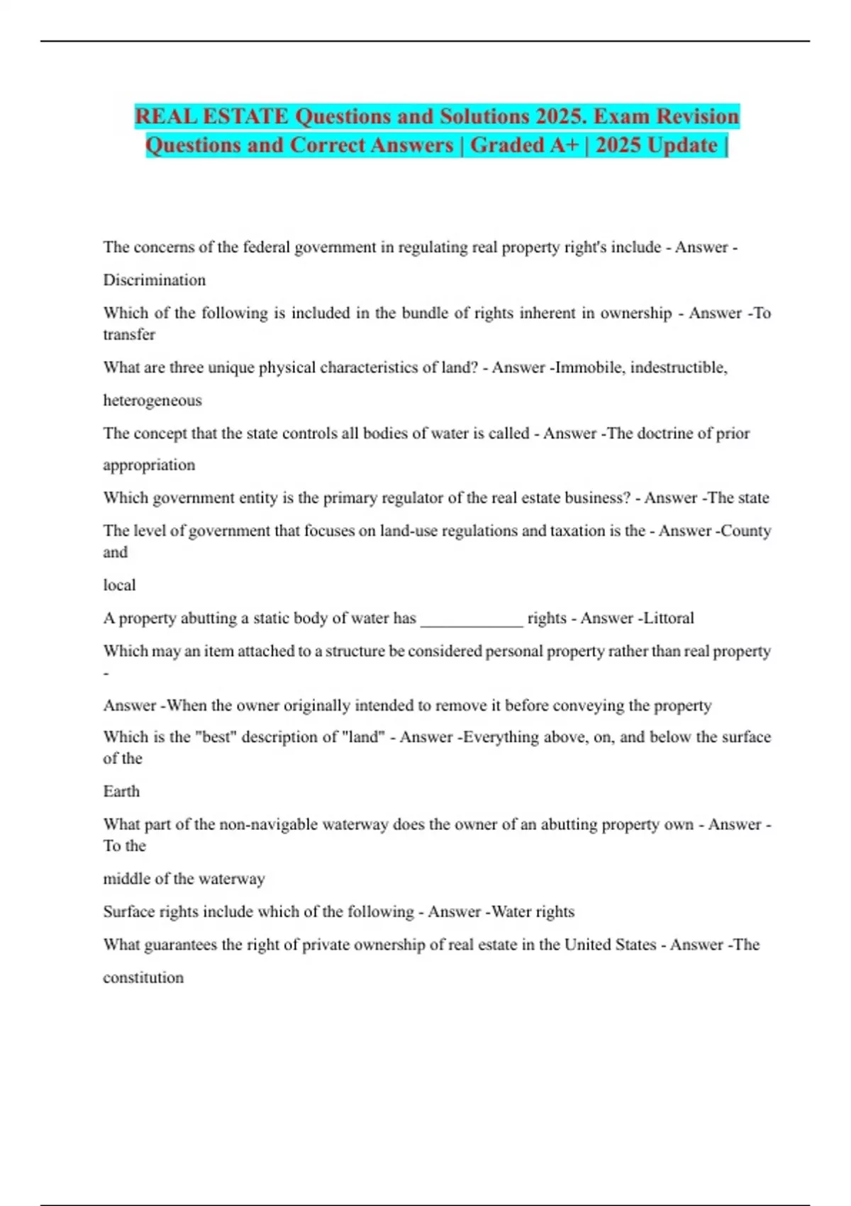 REAL ESTATE Questions and Solutions 2025. Exam Revision Questions and ...