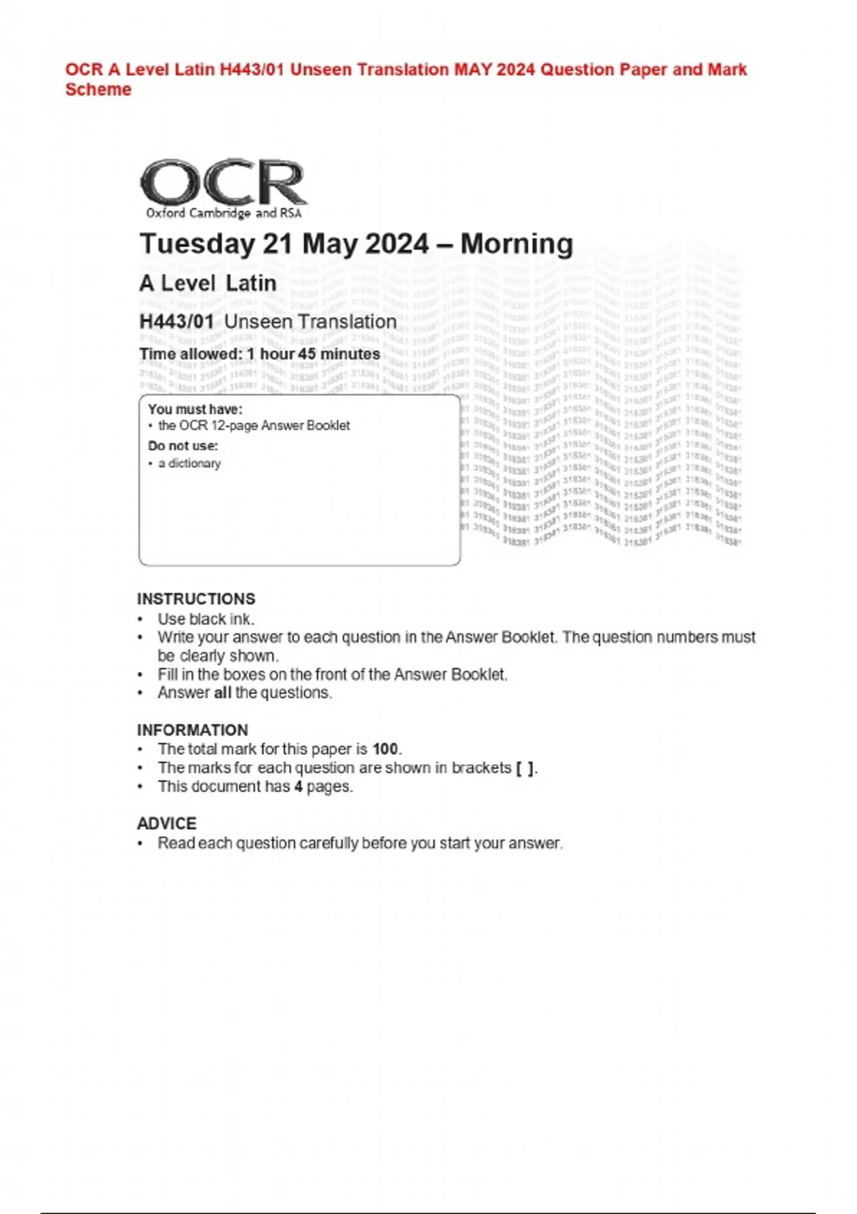 OCR A Level Latin H443/01 Unseen Translation MAY 2024 Question Paper ...