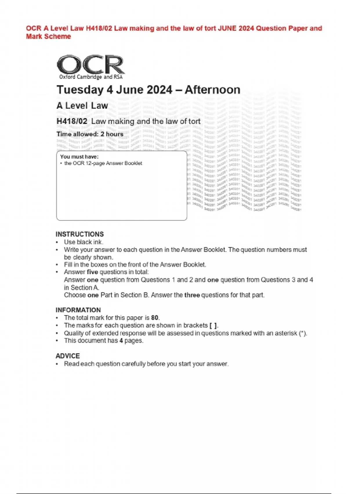 OCR A Level Law H418/02 Law making and the law of tort JUNE 2024 Question Paper and Mark Scheme ...
