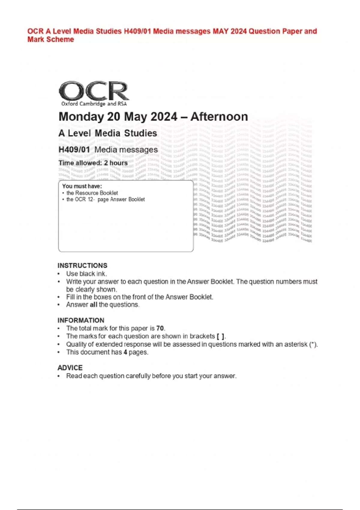OCR A Level Media Studies H409/01 Media messages MAY 2024 Question ...