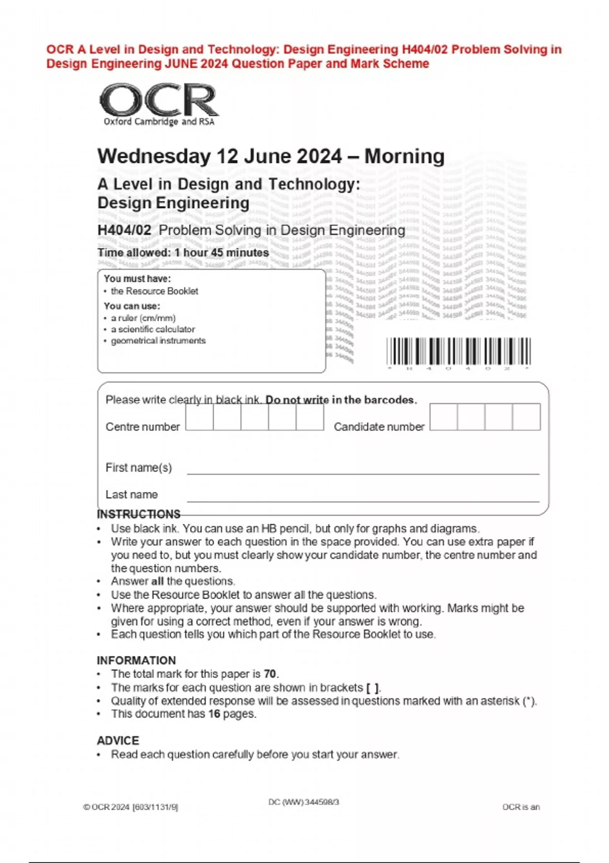 OCR A Level in Design and Technology: Design Engineering H404/02 ...