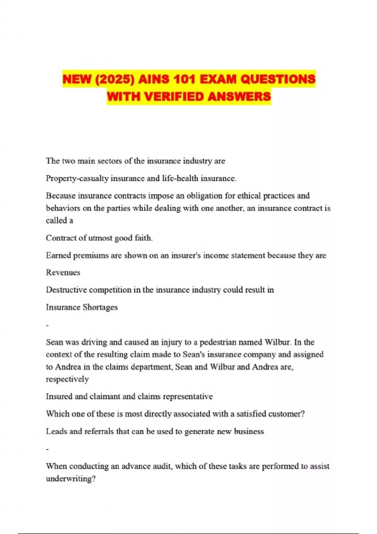 AINS 101 / AINS 101 PACKAGED EXAMS: QUESTIONS WITH 100% ACCURATE AND ...