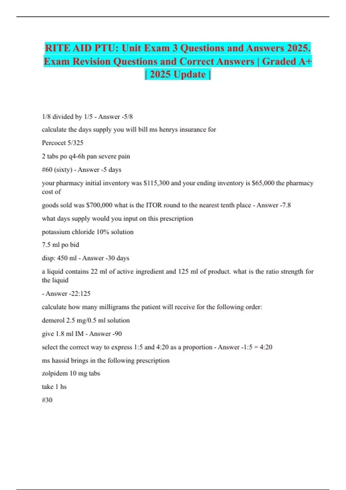 RITE AID PTU: Unit Exam 3 Questions and Answers 2025. Exam Revision ...