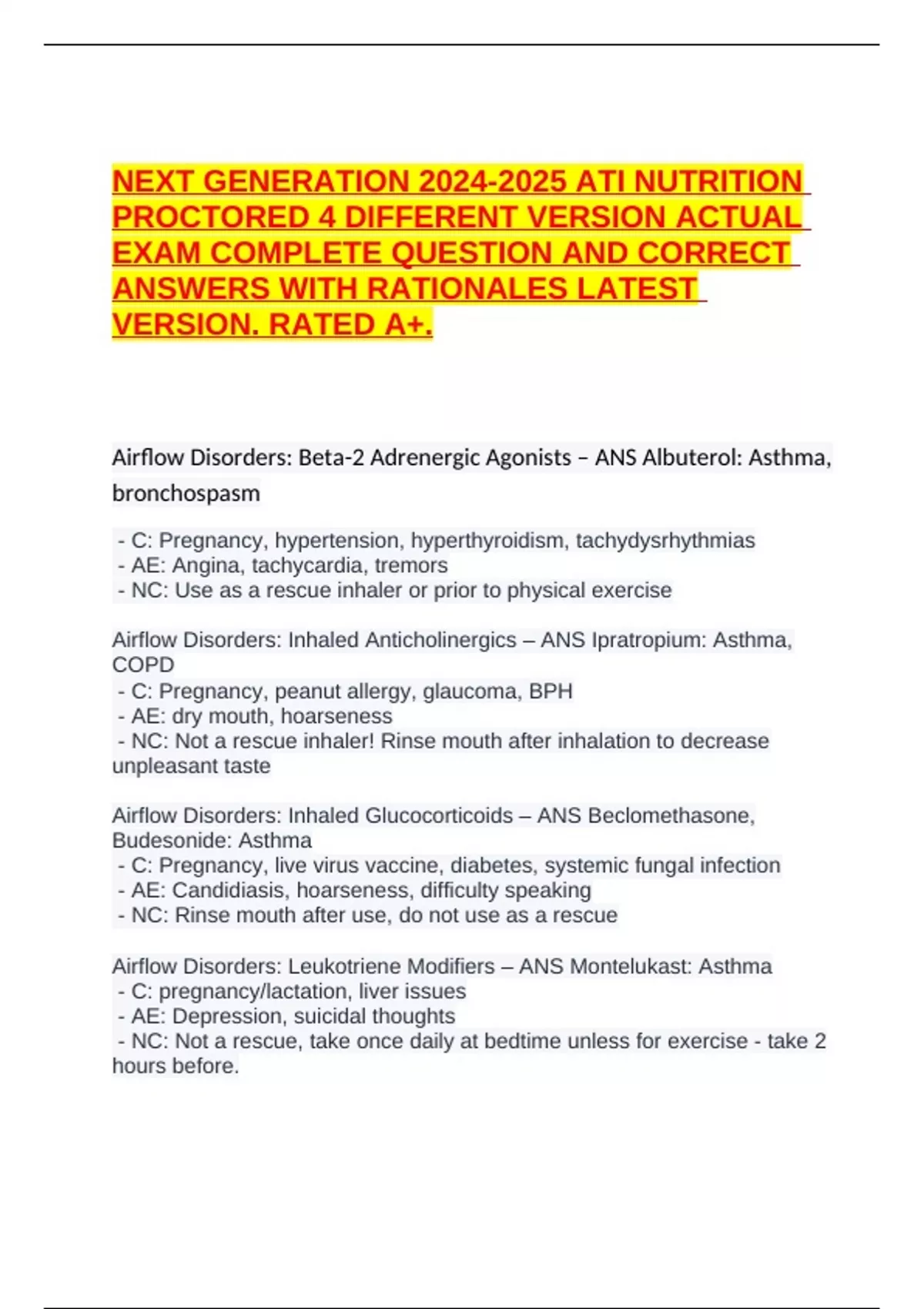 NEXT GENERATION ATI NUTRITION PROCTORED 4 DIFFERENT VERSION ACTUAL EXAM ...