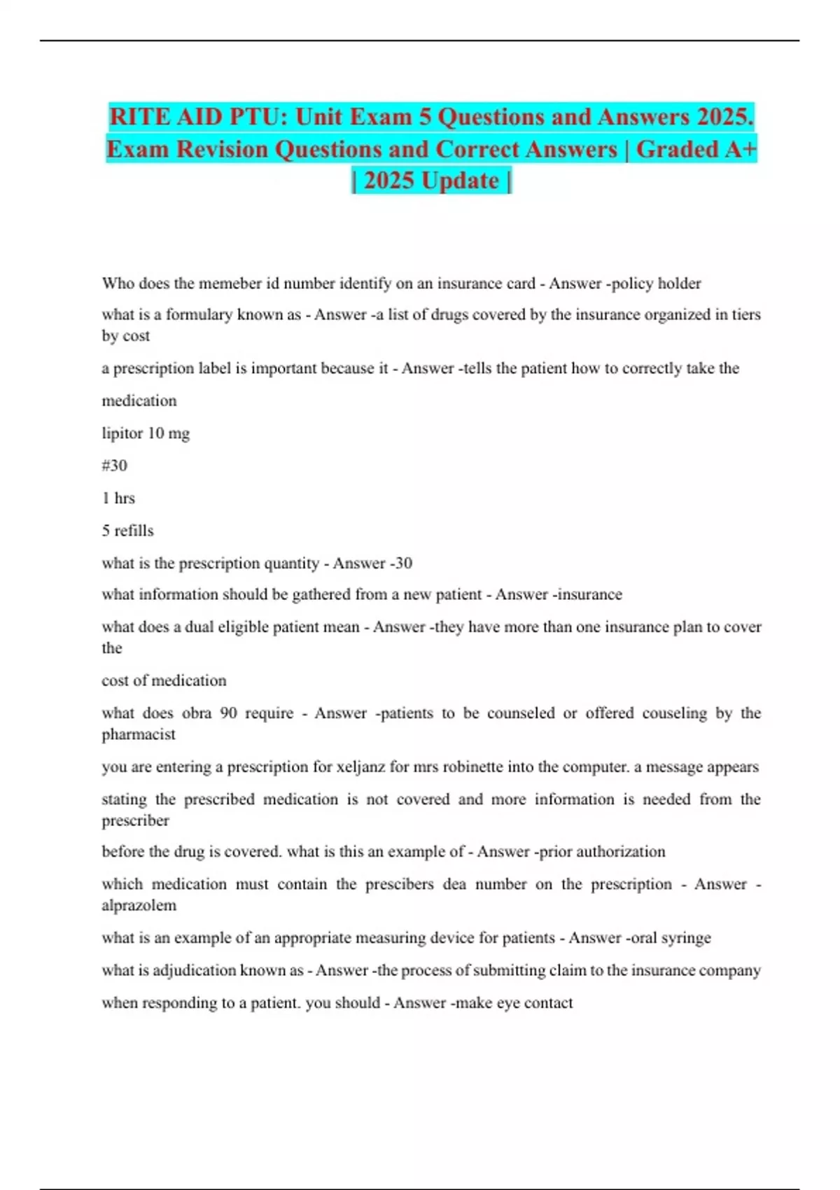 RITE AID PTU: Unit Exam 5 Questions and Answers 2025. Exam Revision ...