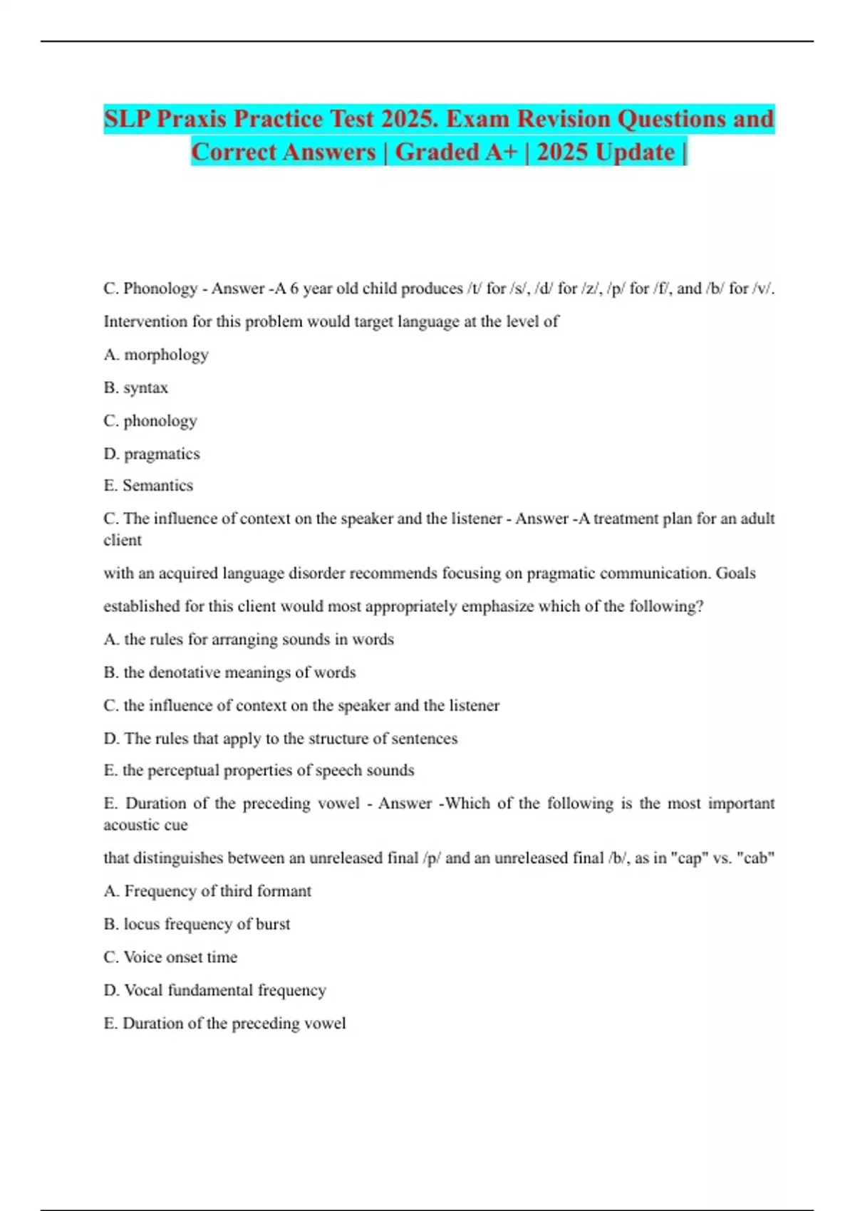 SLP Praxis Practice Test 2025. Exam Revision Questions and Correct ...
