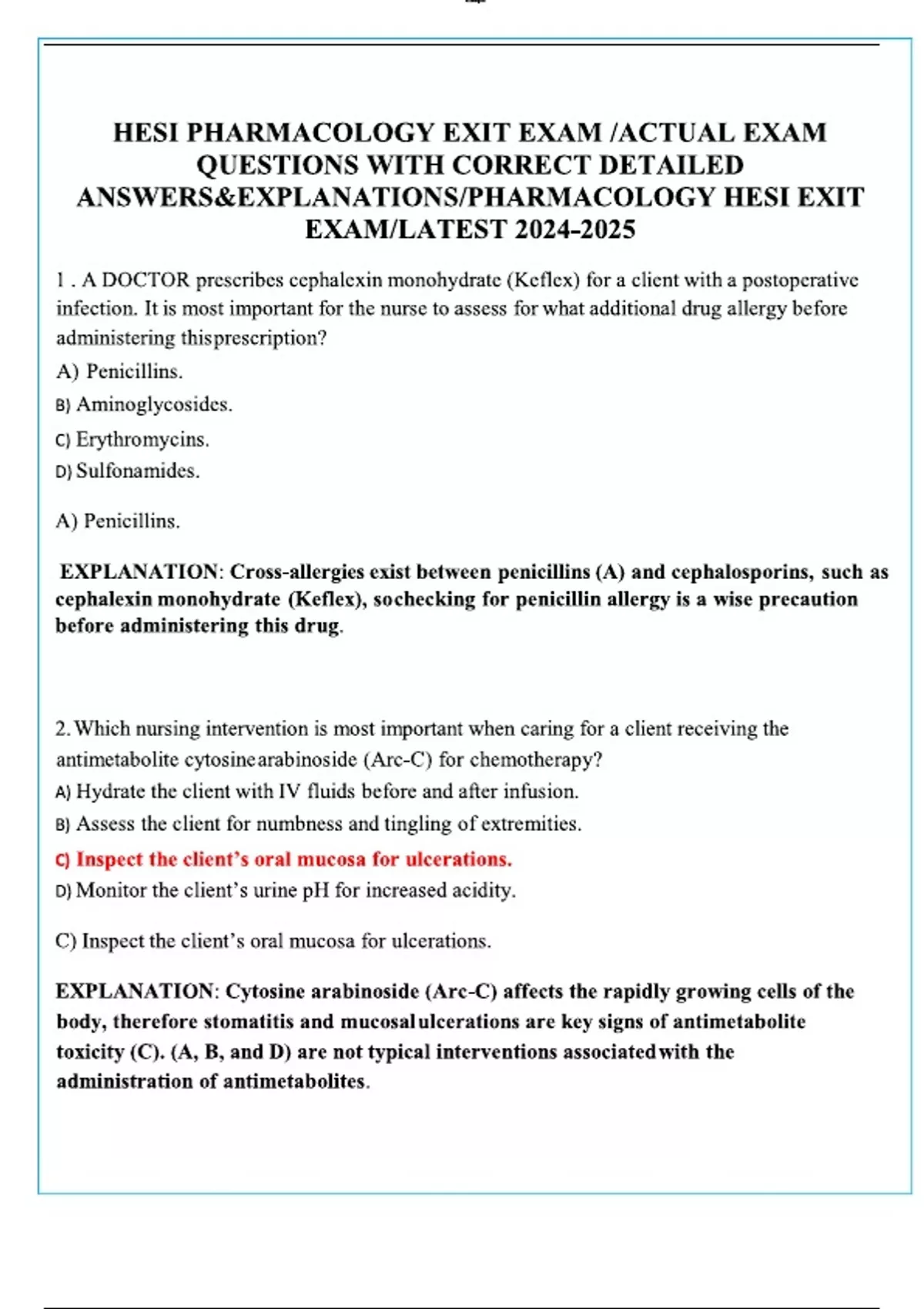 HESI PHARMACOLOGY EXIT EXAM /ACTUAL EXAM QUESTIONS WITH CORRECT DETAILED ANSWERS&EXPLANATIONS ...