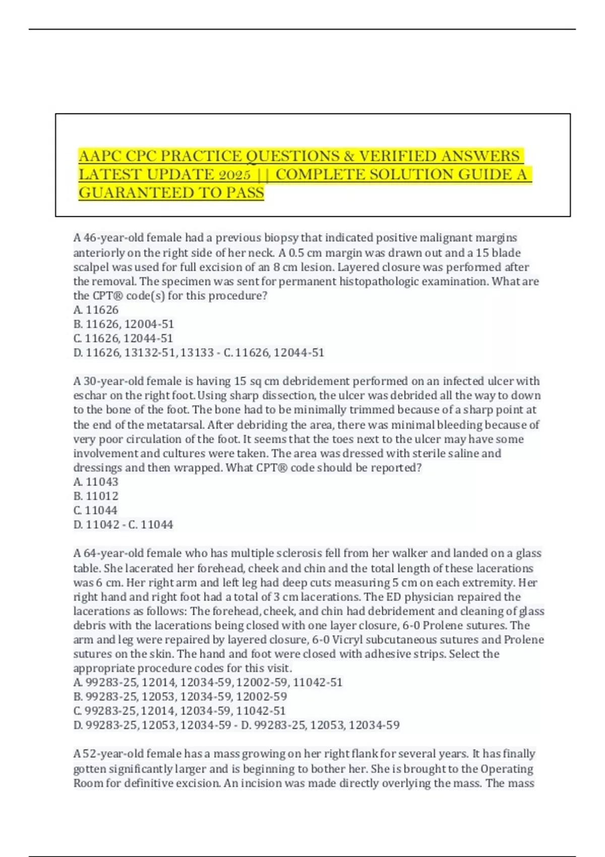 AAPC CPC PRACTICE QUESTIONS & VERIFIED ANSWERS LATEST UPDATE 2025 ...