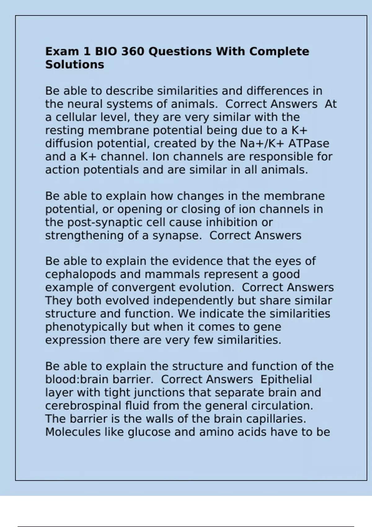Exam 1 BIO 360 Questions With Complete Solutions - BIO 360 - Stuvia US