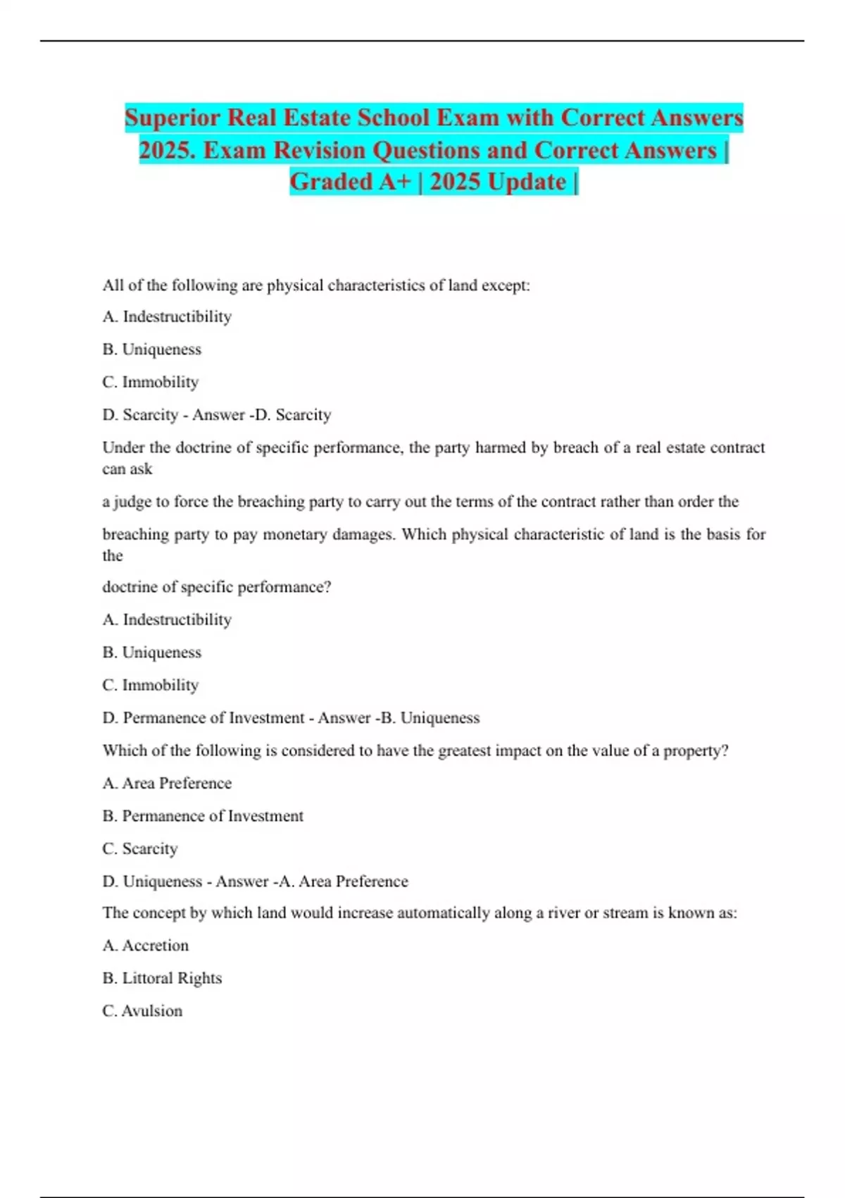 Superior Real Estate School Exam with Correct Answers 2025. Exam Revision Questions and Correct ...