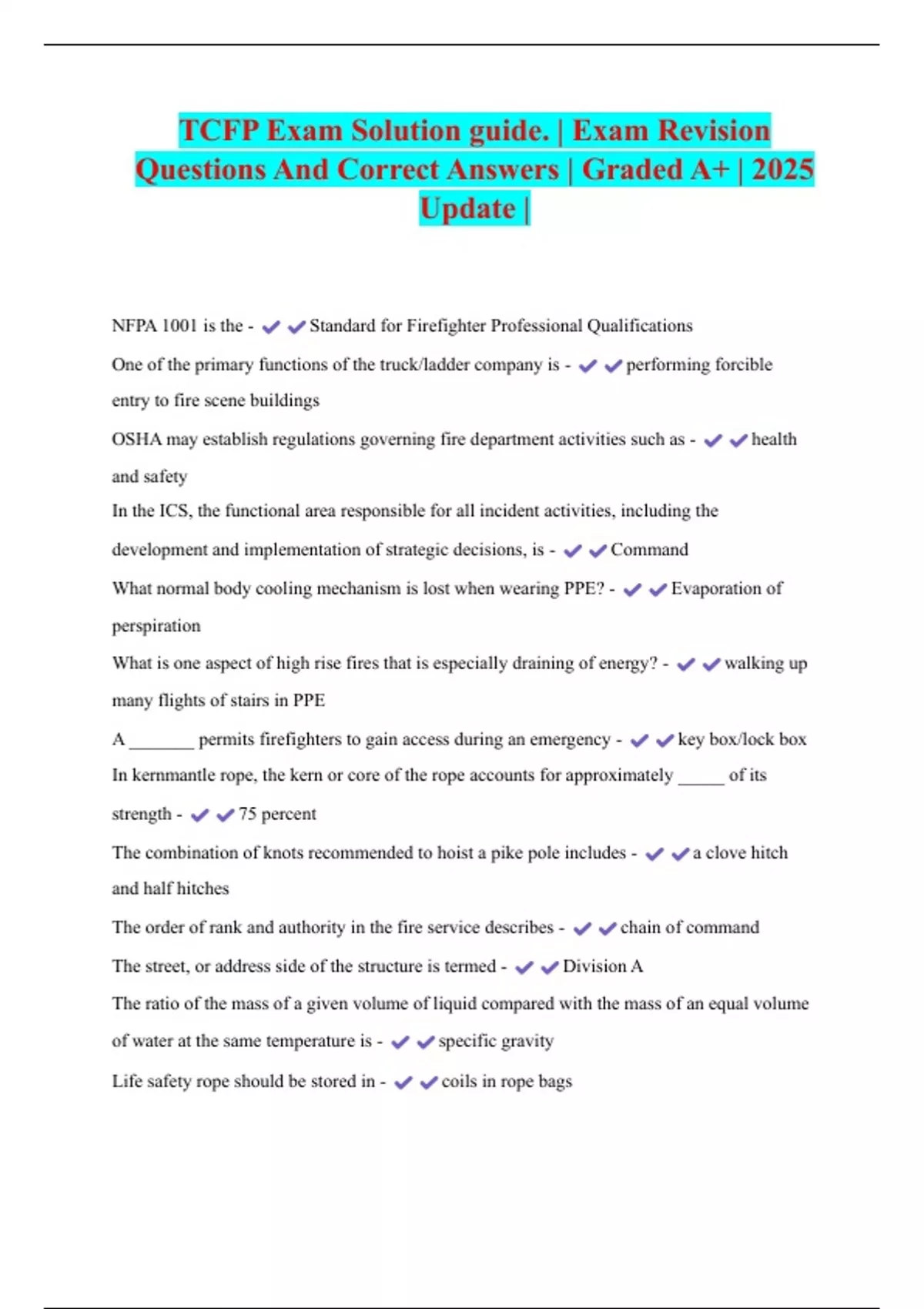 TCFP Exam Solution guide. | Exam Revision Questions And Correct Answers ...