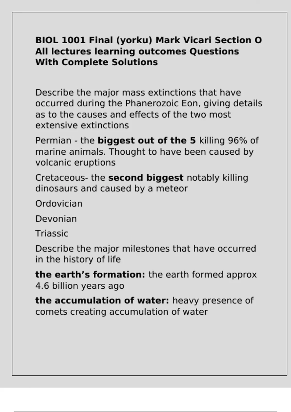 BIOL 1001 Final (yorku) Mark Vicari Section O All lectures learning ...