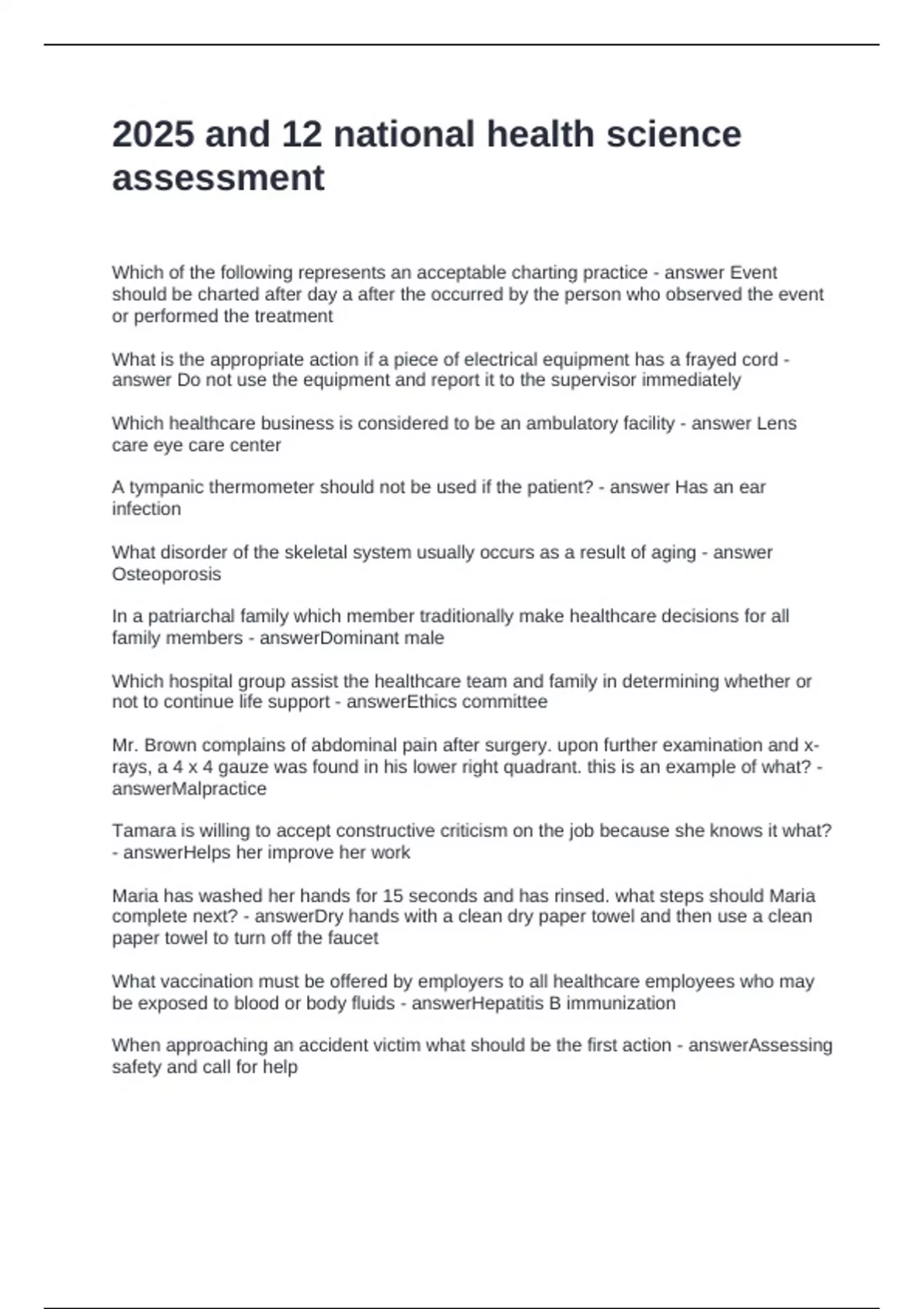 2025 and 12 national health science assessment Questions and Answers ...
