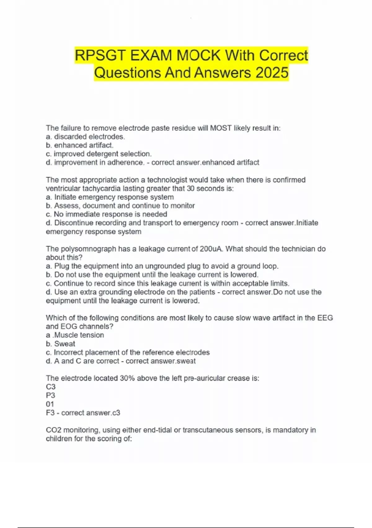 RPSGT EXAM MOCK With Correct Questions And Answers 2025 - RPSGT - Stuvia US