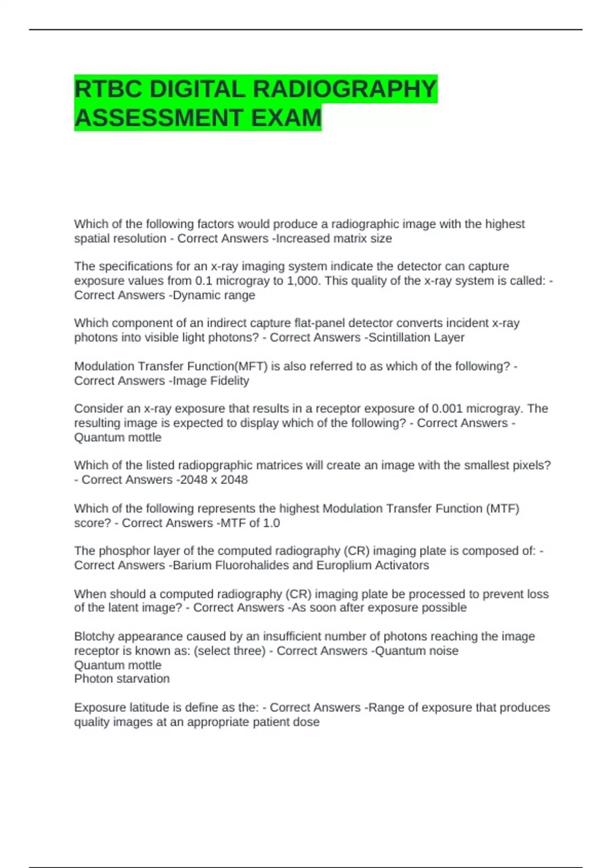RTBC DIGITAL RADIOGRAPHY ASSESSMENT EXAM QUESTIONS WITH VERIFIED ...