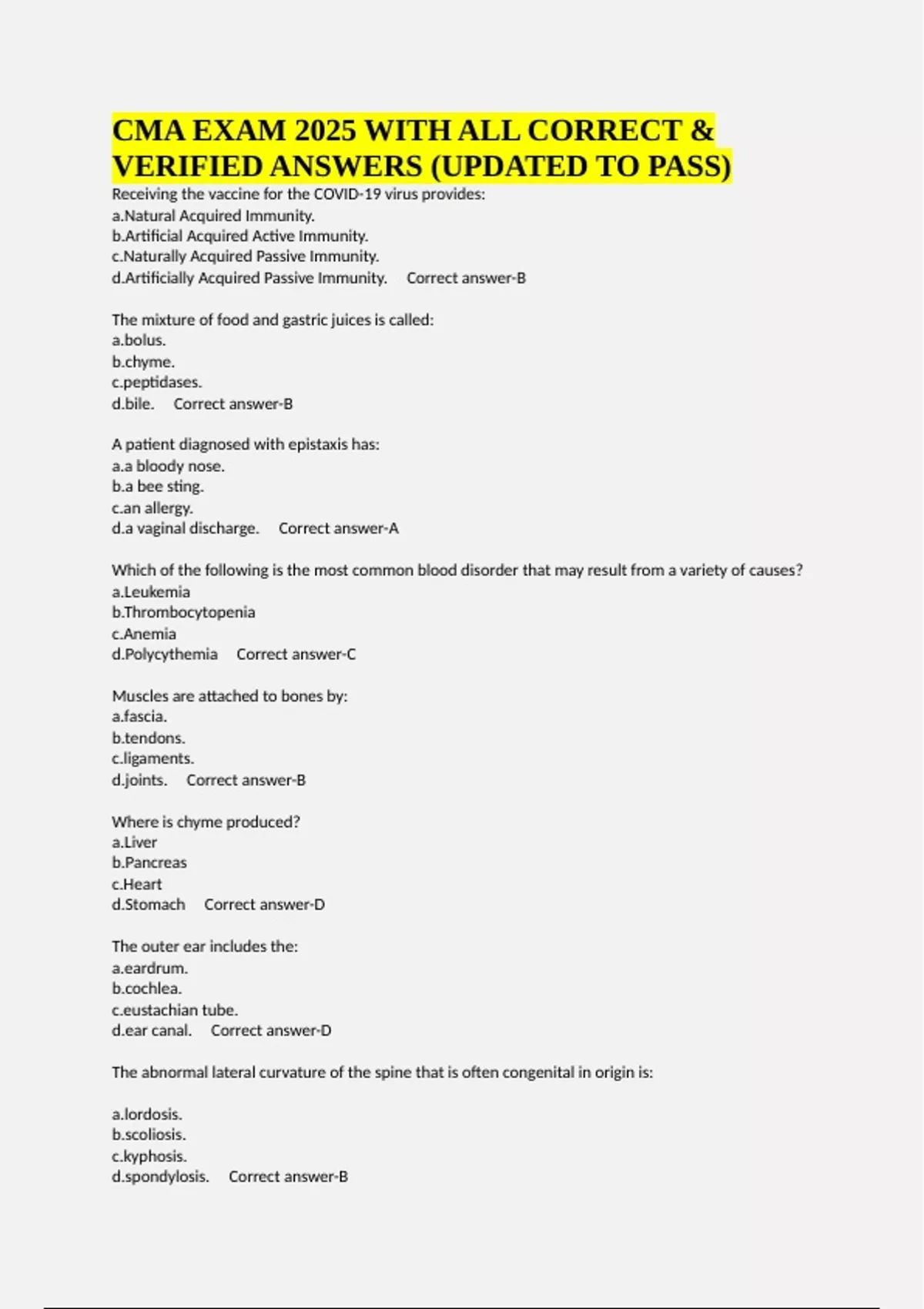 CMA EXAM 2025 WITH ALL CORRECT & VERIFIED ANSWERS (UPDATED TO PASS ...