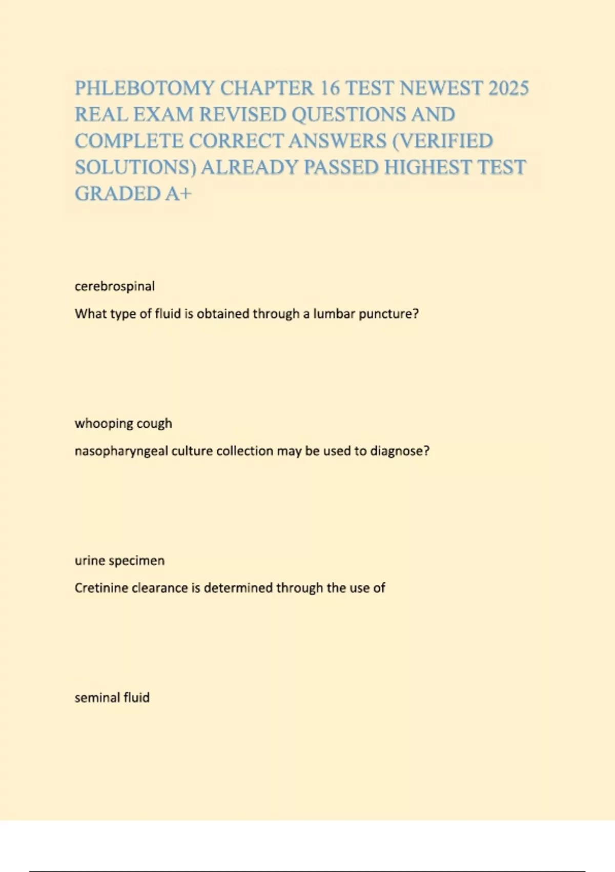 PHLEBOTOMY CHAPTER 16 TEST (LATEST 2025/2026 VERSION) ACTUAL EXAM ...