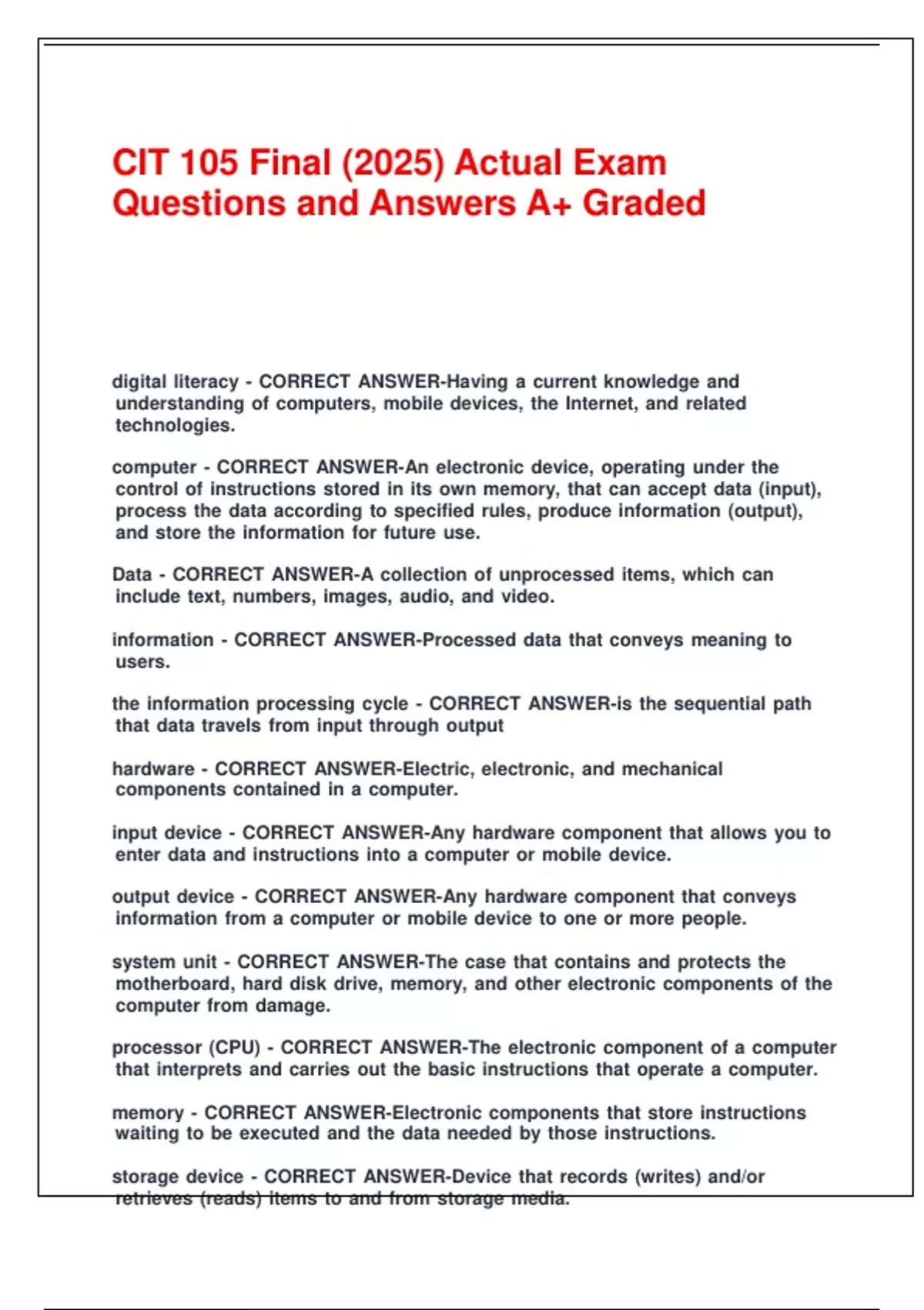 CIT 105 Final (2025) Actual Exam Questions and Answers A+ Graded. - CIT ...