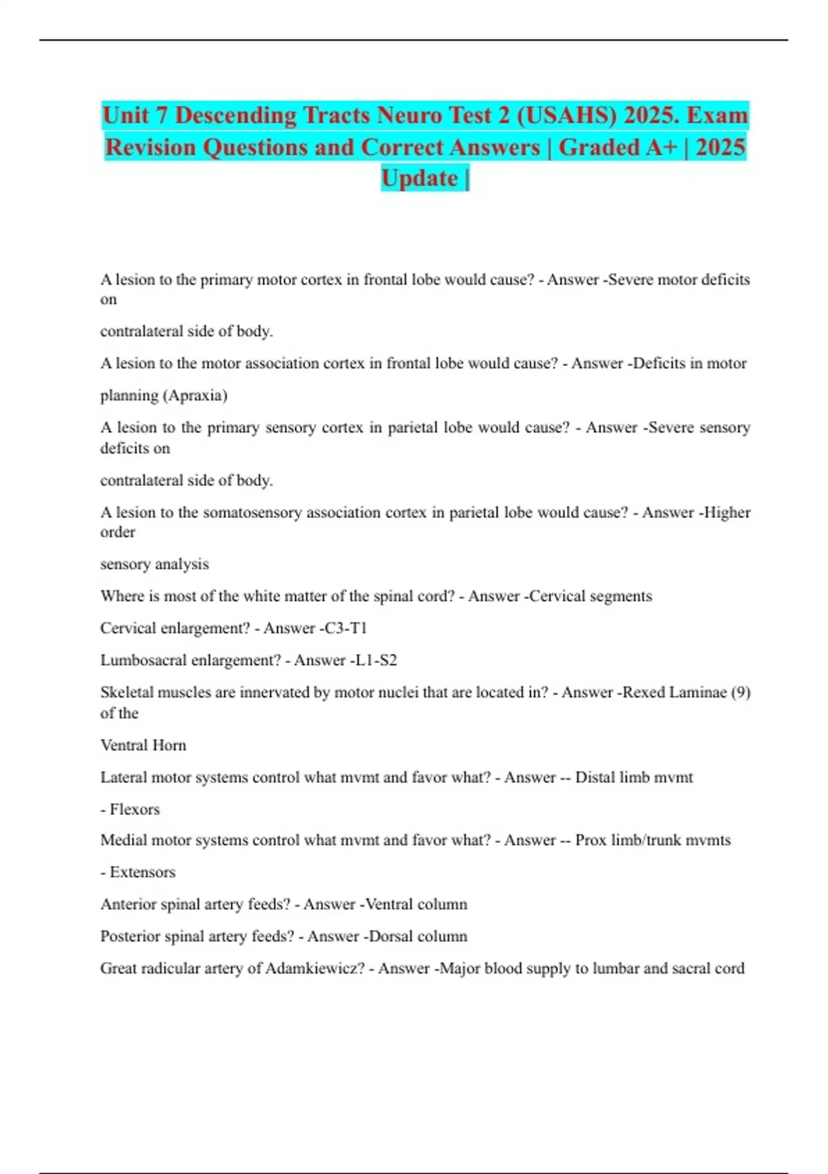 Unit 7 Descending Tracts Neuro Test 2 (USAHS) 2025. Exam Revision ...