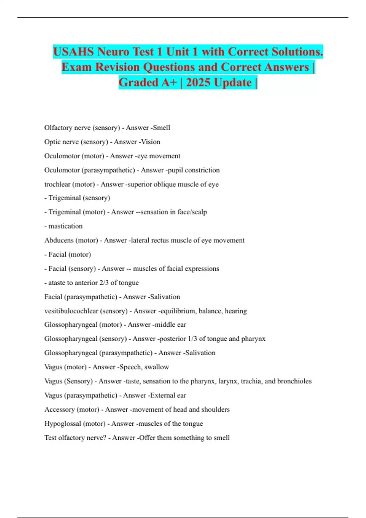USAHS Neuro Test 1 Unit 1 with Correct Solutions. Exam Revision ...