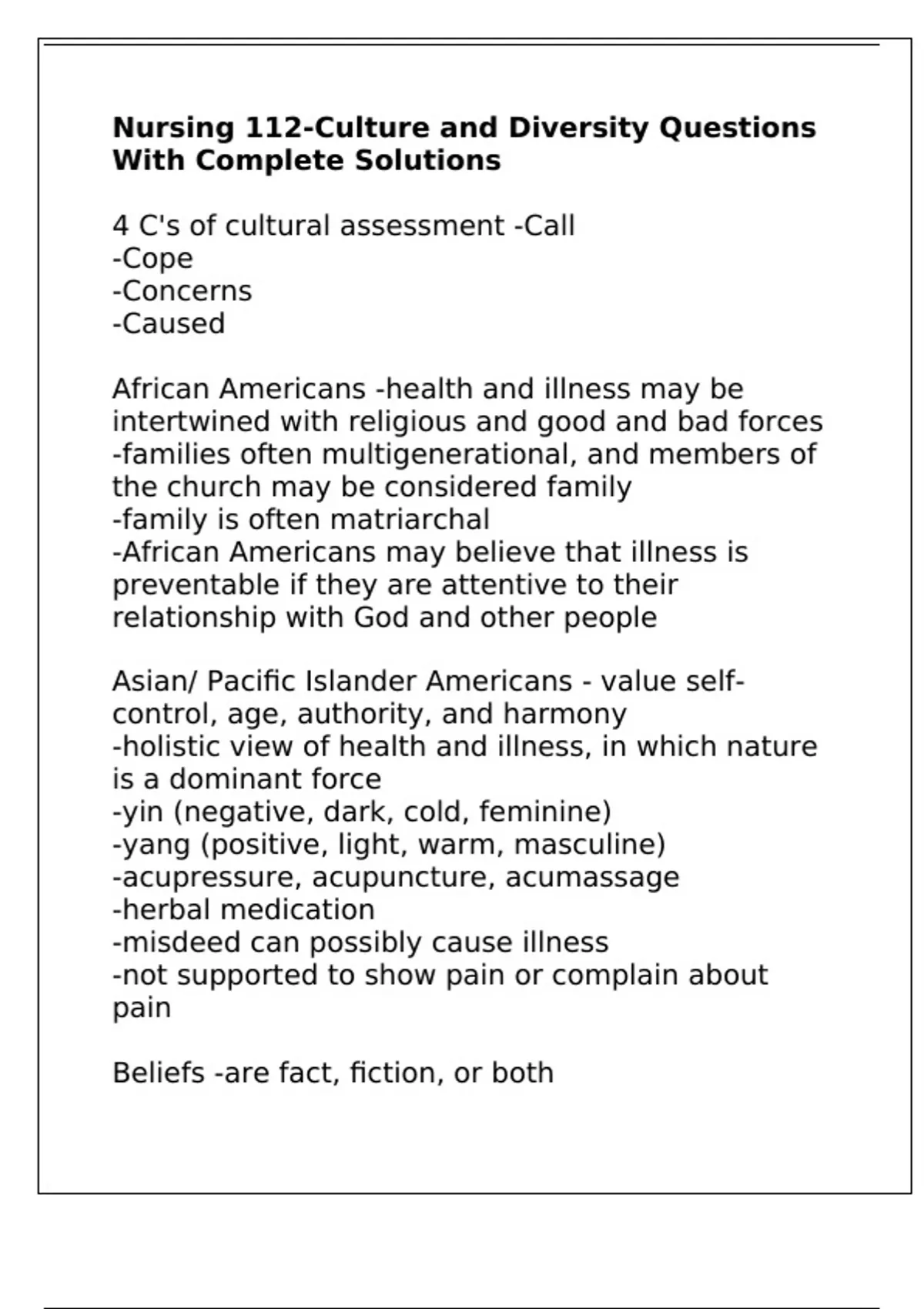 Nursing 112-Culture and Diversity Questions With Complete Solutions ...